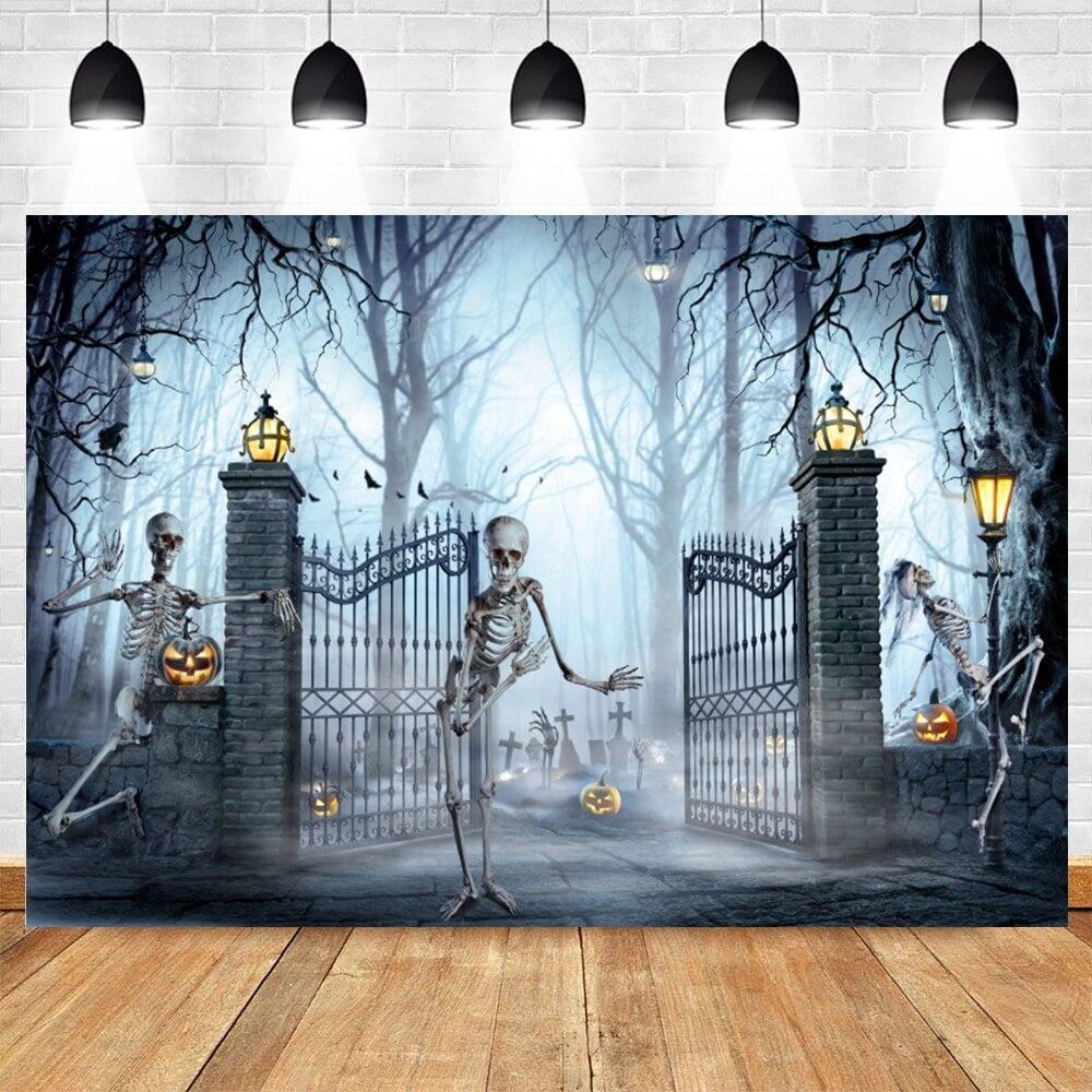 Halloween Party Backdrop Horror Skull Pumpkin Lantern Night Zombie Tomb ...