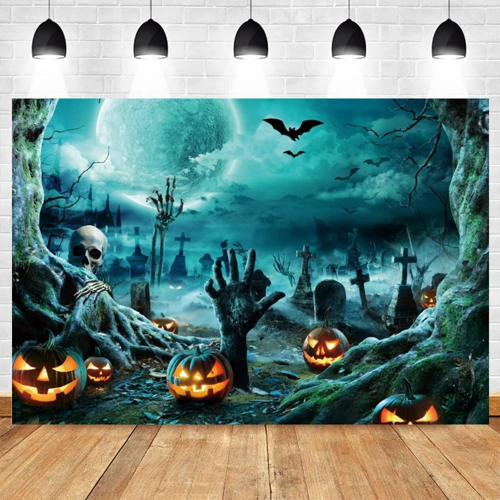 Halloween Party Backdrop Horror Skull Pumpkin Lantern Night Zombie Tomb ...
