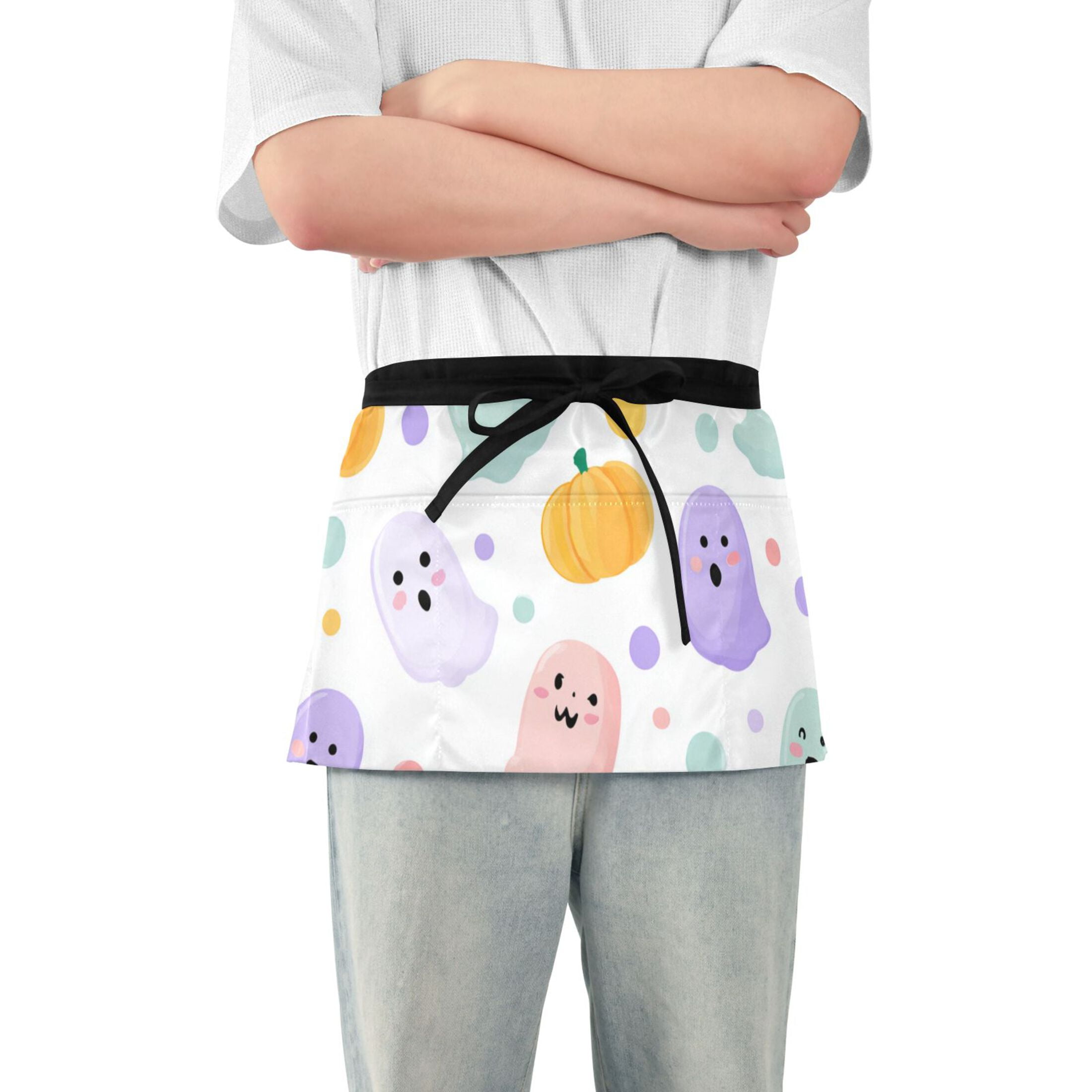 Halloween Pastel Colorful Dots Cute Specter Pumpkin Short Server Apron ...