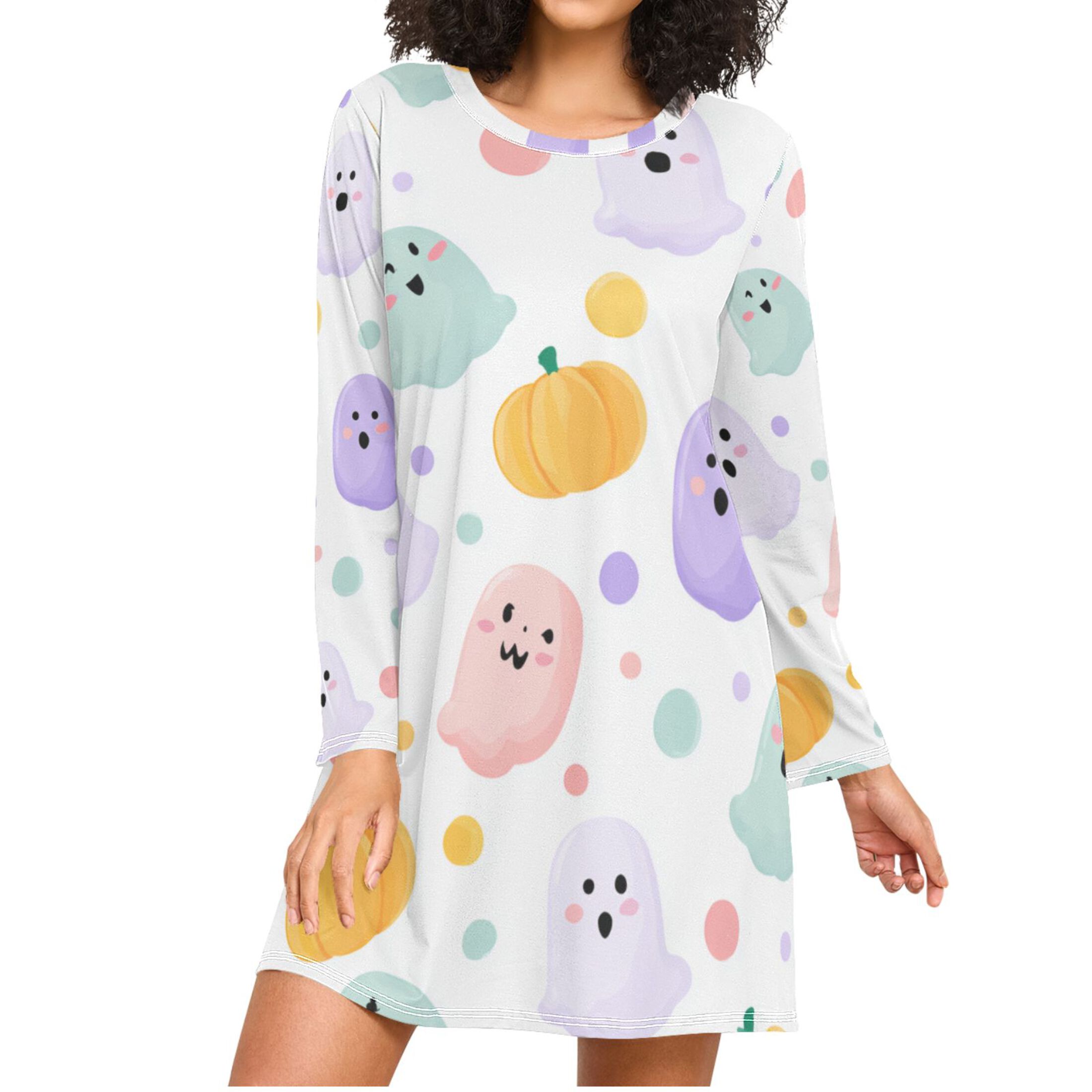 Halloween Pastel Colorful Dots Cute Specter Pumpkin Women's Long ...