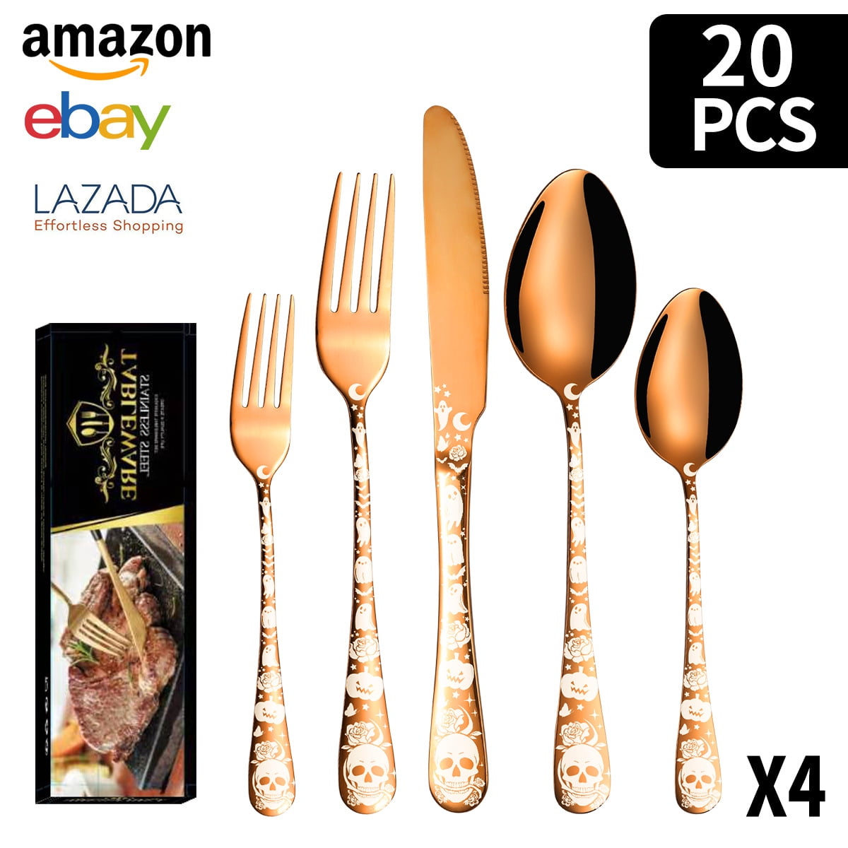 Halloween Pattern Stainless Steel Tableware suit 24-piece Set Laser Skull Western Food Knife ...