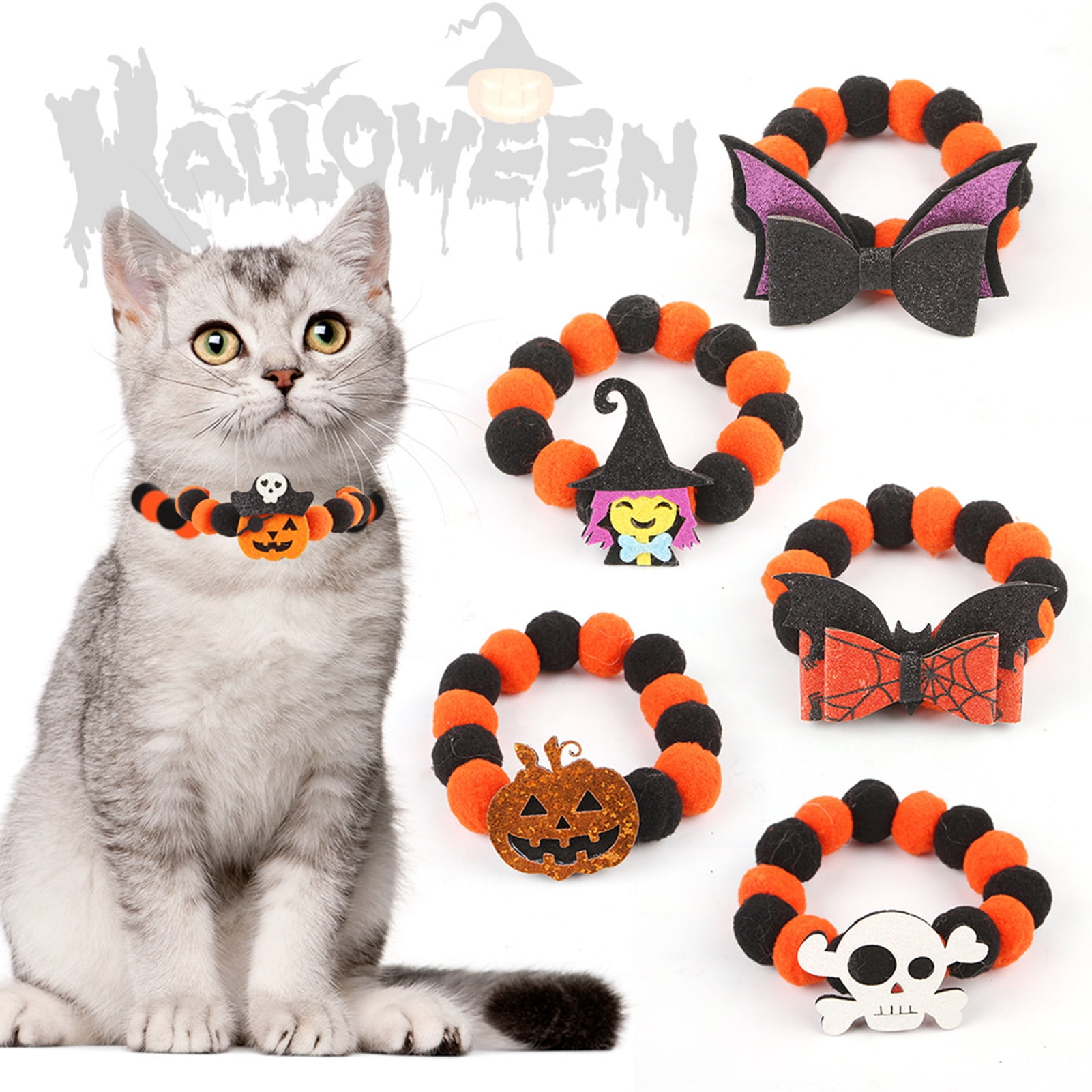 Halloween Pet Collar Cute Pumpkin Bat Skull Design Fur Ball Dog Collar ...