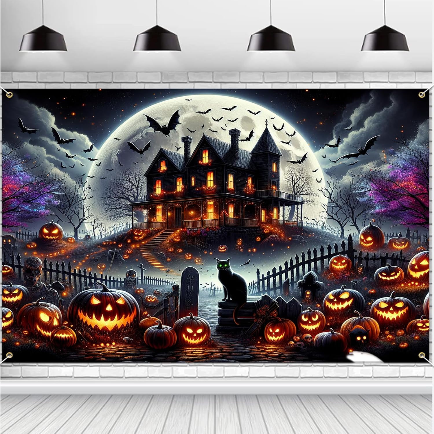 Halloween Photography Backdrop Scary Haunted House Pumpkin Black Cat ...