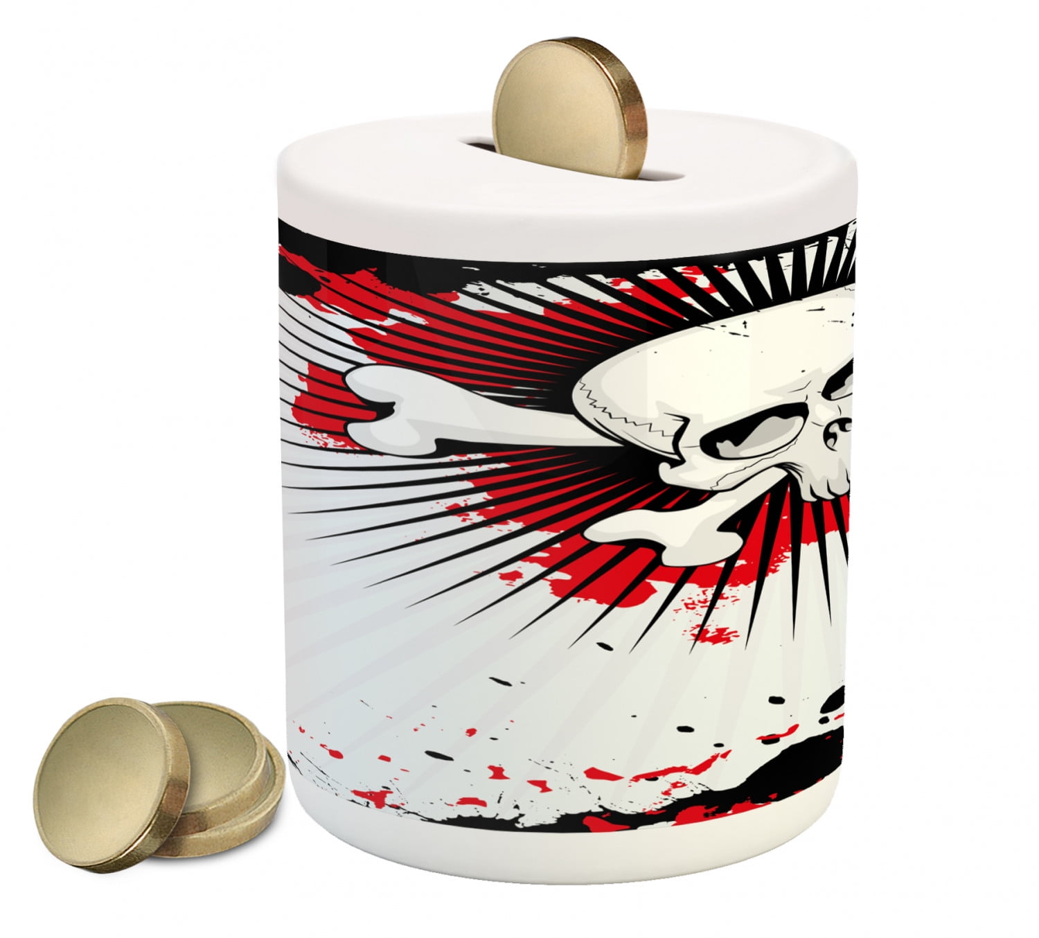 Halloween Piggy Bank, Skull with Crossed Bones over Grunge Background ...