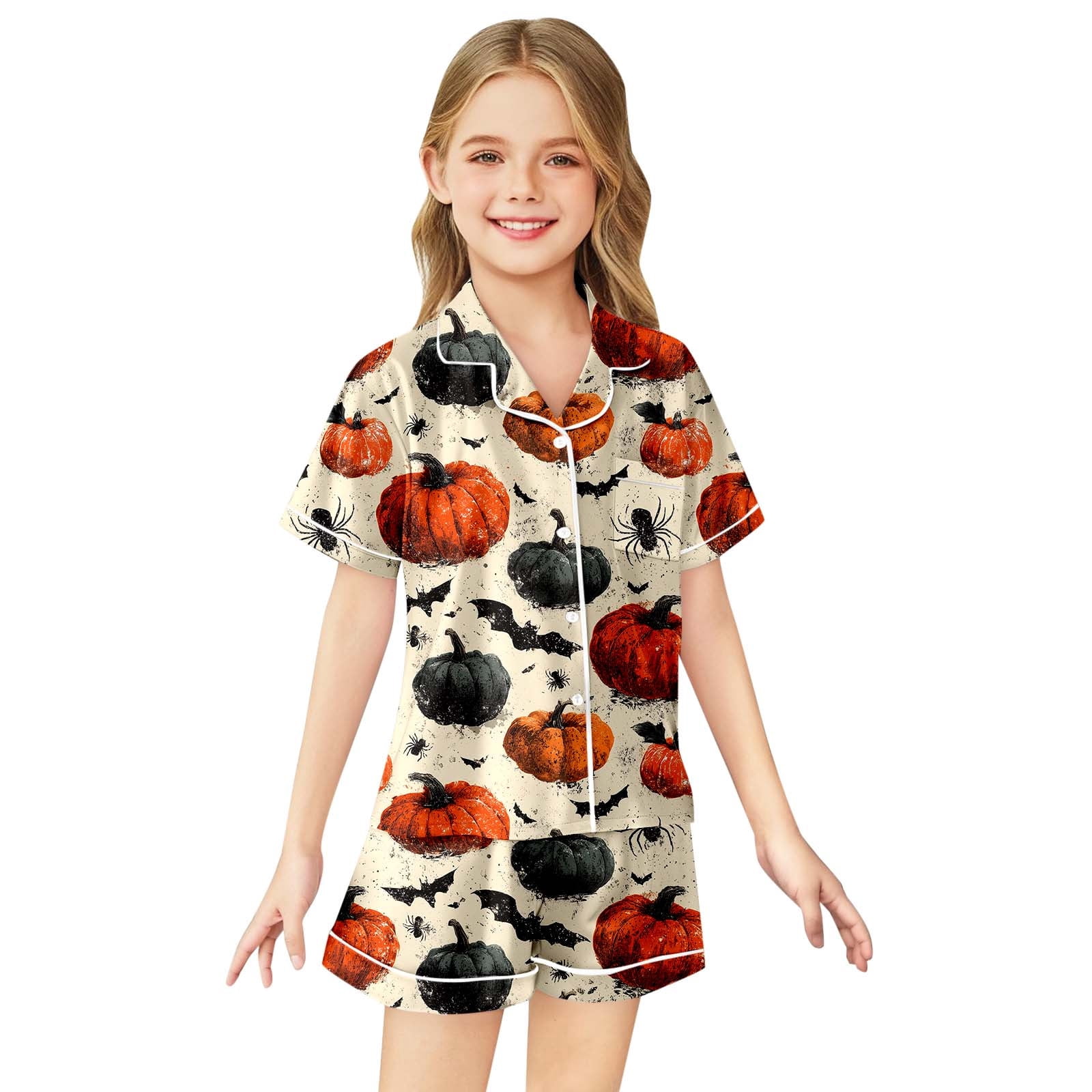 Halloween Pjs Set Pumpkin Ghost Bat Print Girls Satin Pajamas Short ...