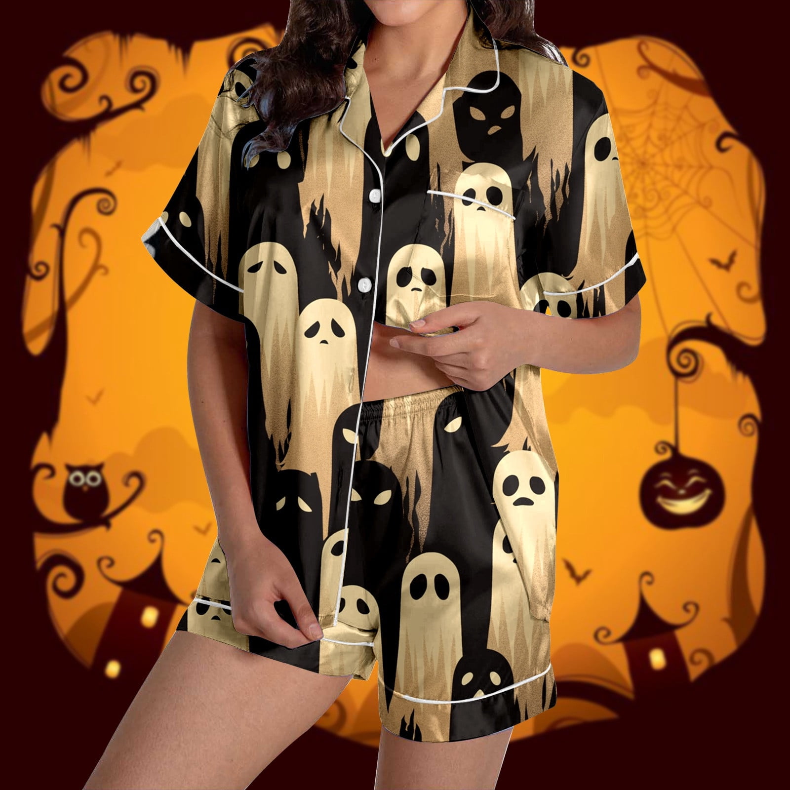 Halloween Pjs Women Two Piece Silk Satin Soft Sleepwear Outfits Bat Skeleton Printed Womens ...
