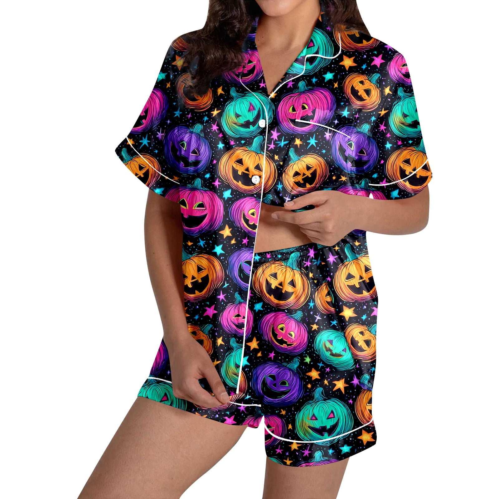 Halloween Pjs Women Two Piece Silk Satin Soft Sleepwear Outfits Bat Skeleton Printed Womens ...
