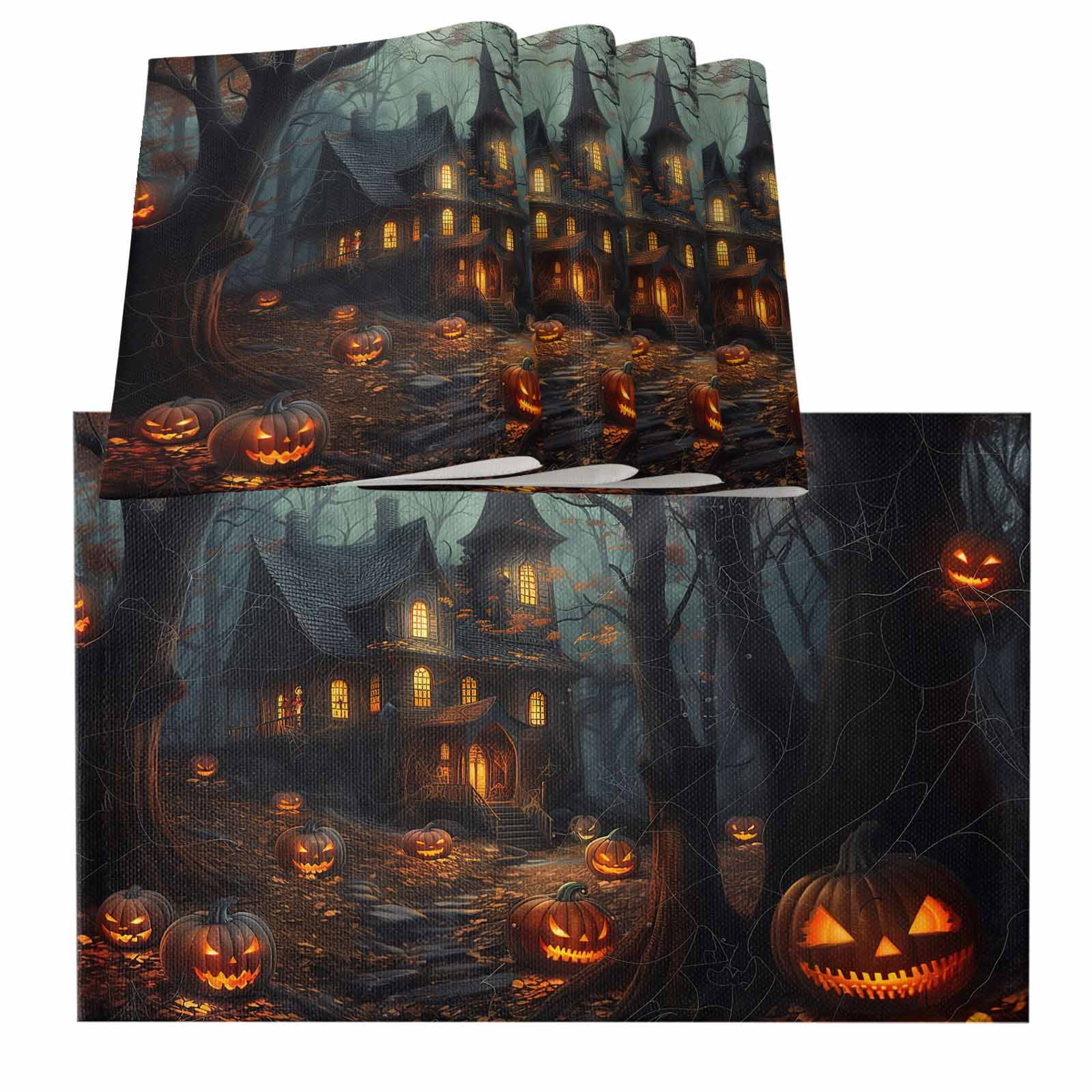 Halloween Placemats for Dinning Table Set of 4, Castle Forest Pumpkin ...