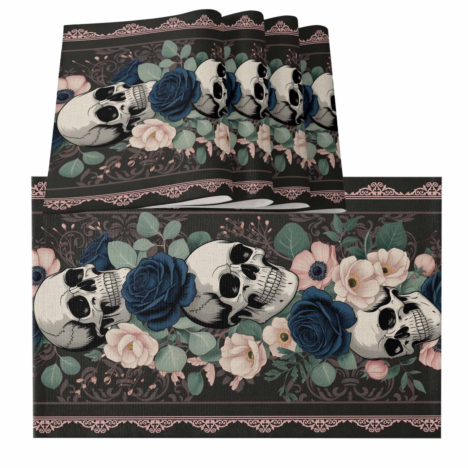 Halloween Placemats for Dinning Table Set of 6, Horror Skull Flower ...