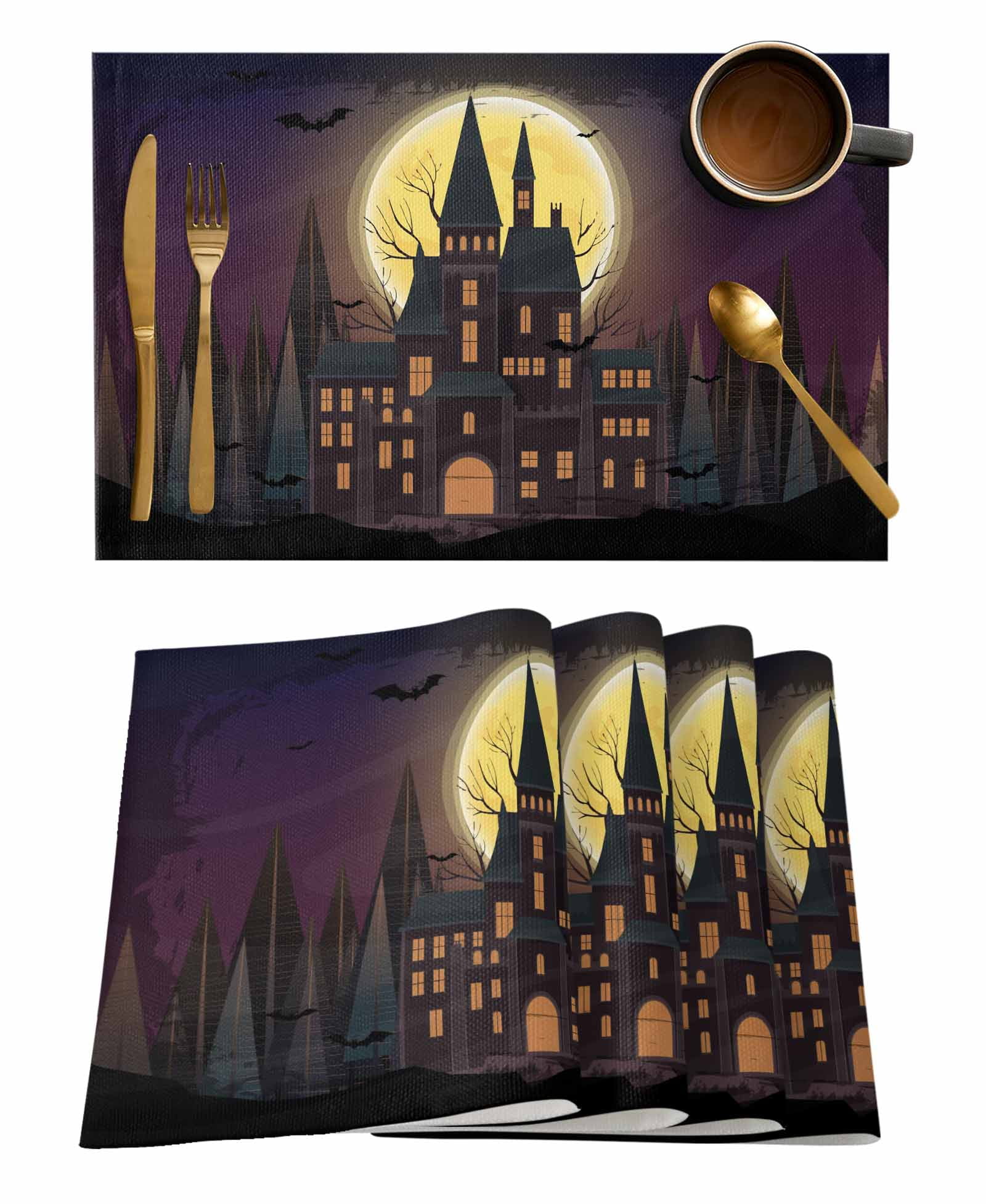 Halloween Placemats Set of 1 Retro Castle Pumpkin Bat Cartoon Theme ...