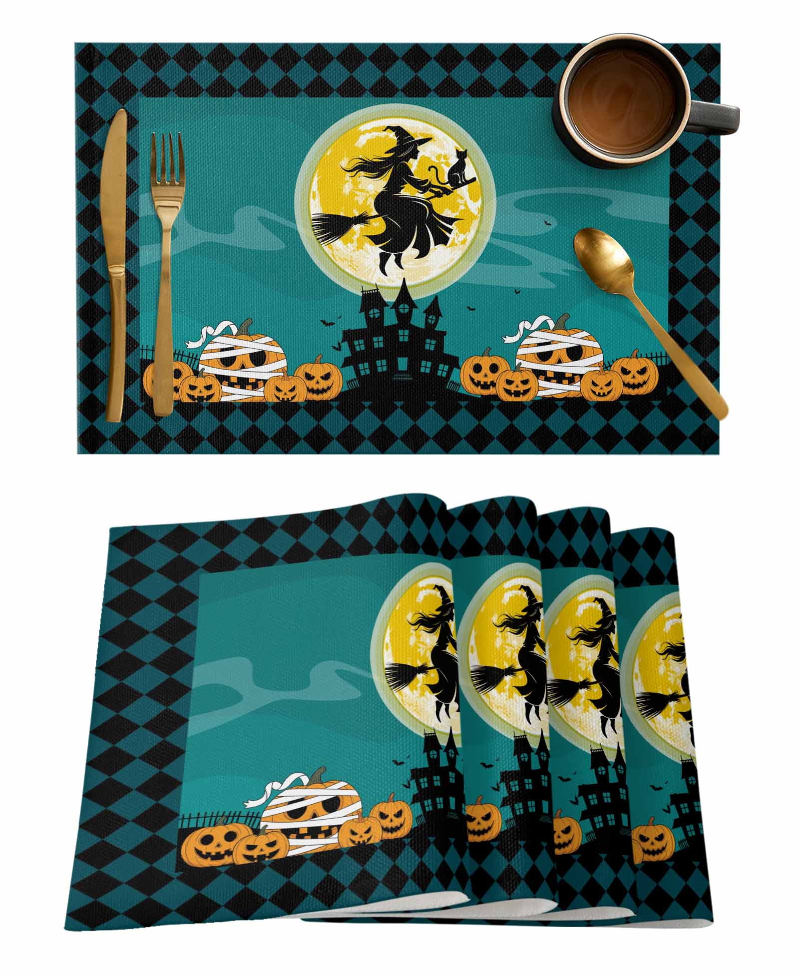 Halloween Placemats Set of 1 Witch Cat Castle Pumpkin Cat Silhouette ...