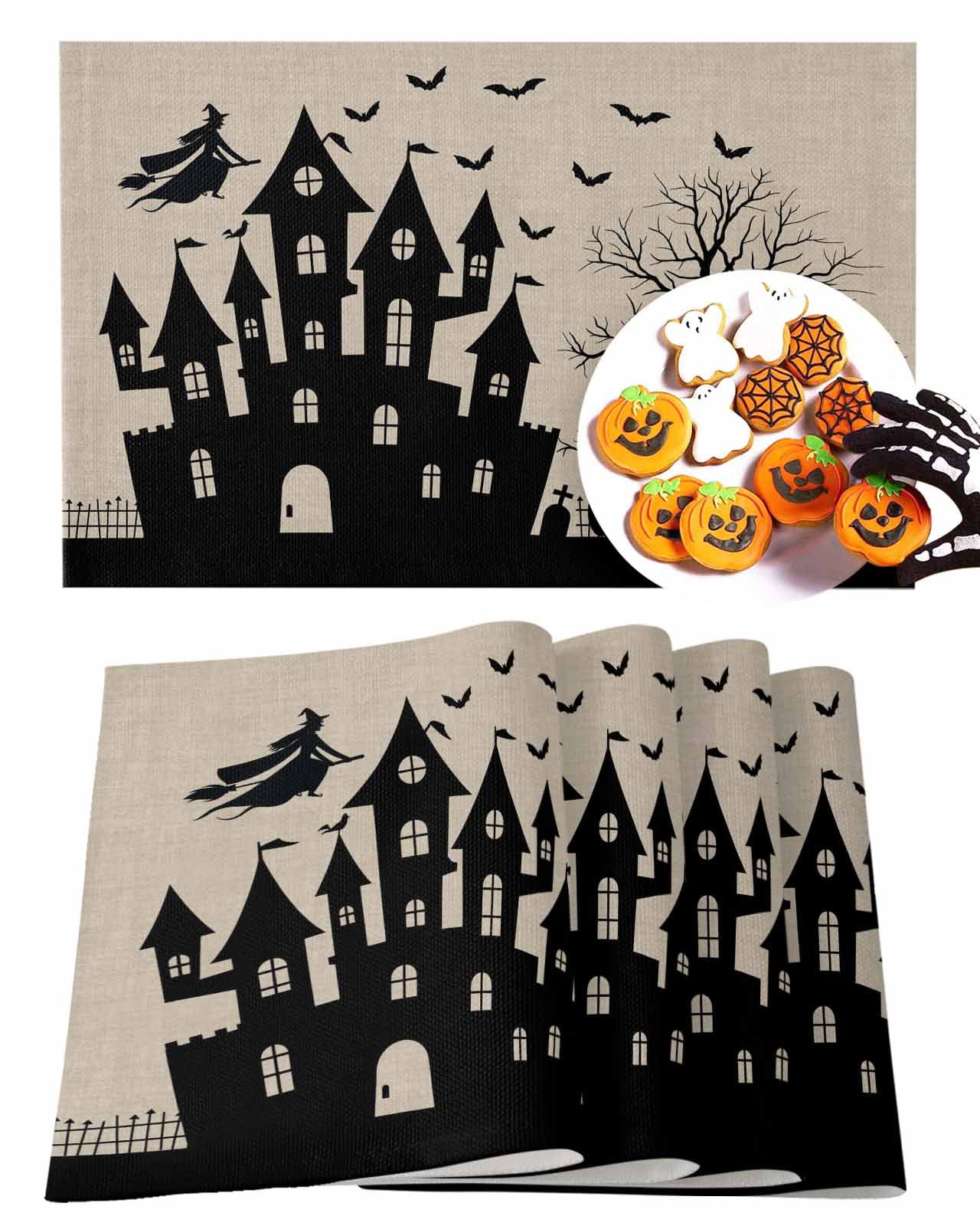 Halloween Placemats Set of 4 Castle Haunted House Witch Place Mats Fall ...