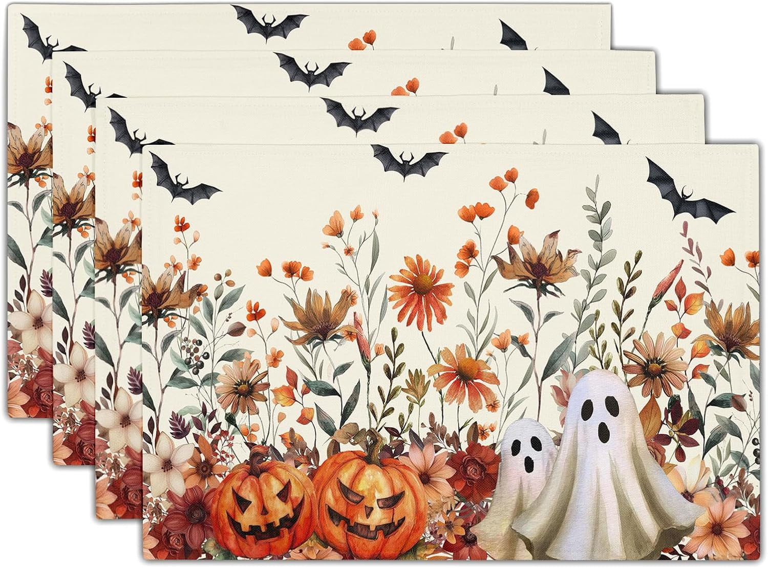 Halloween Placemats Set of 4 Vintage Wildflower Pumpkin Ghost Bat Place ...