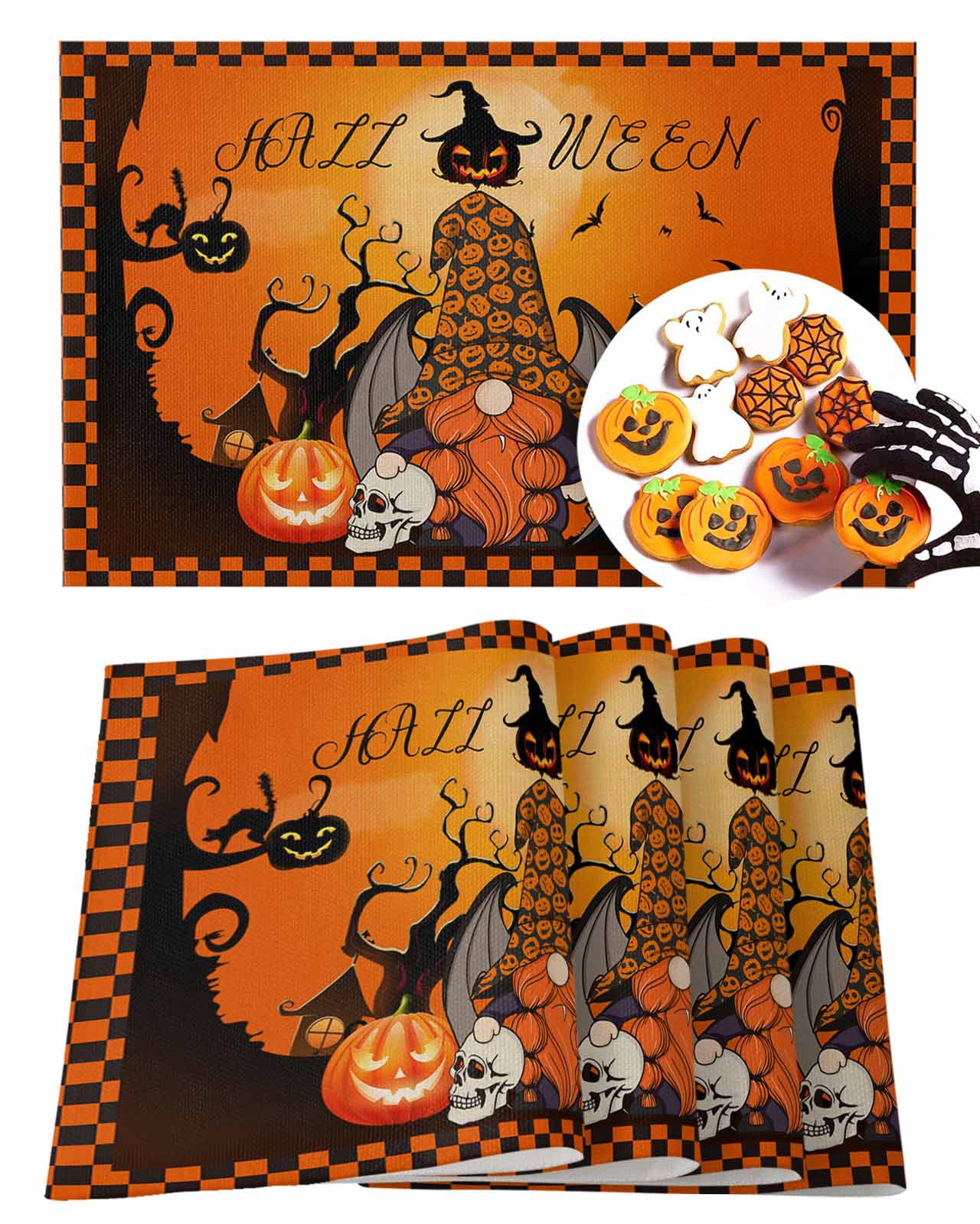 Halloween Placemats Set of 4 Witch Gnome Skull Pumpkin Place Mats Fall ...