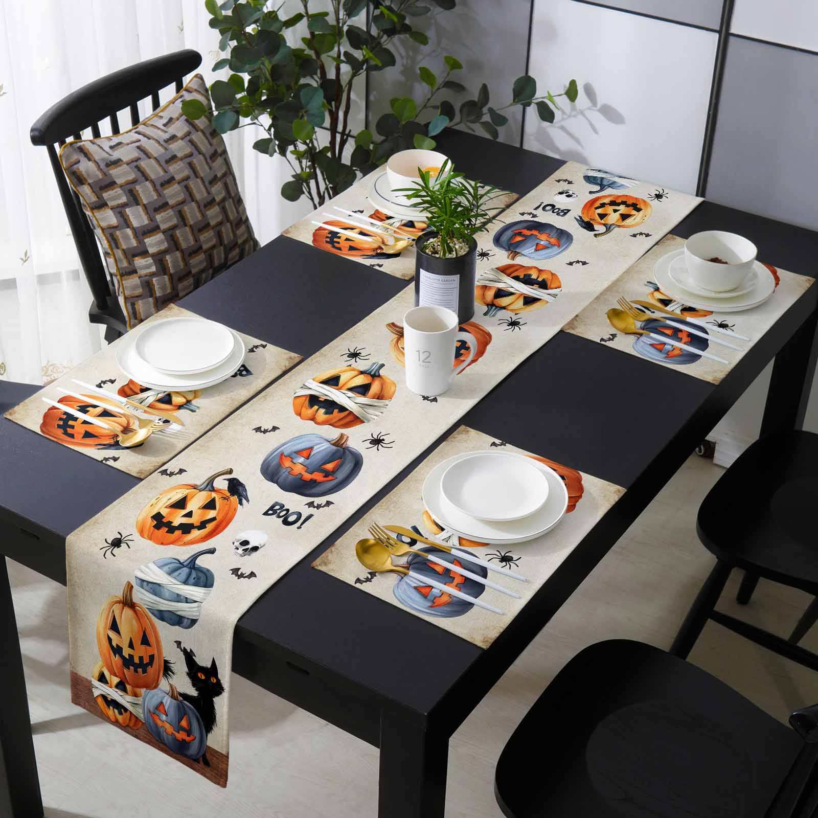 Halloween Placemats Set of 6 with 90 Inches Long Table Runners,Skeleton ...