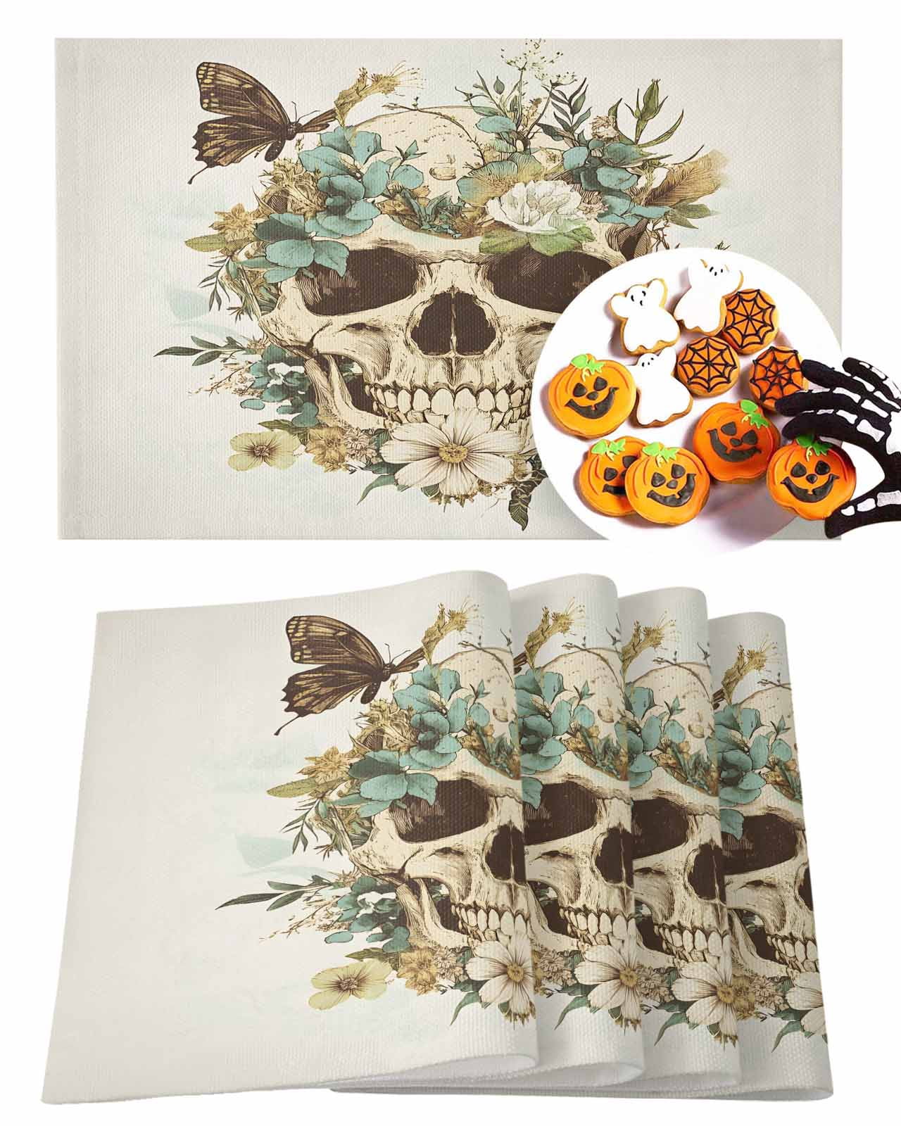 Halloween Placemats Set of 6 Abstract Skull Flowers Place Mats Fall ...