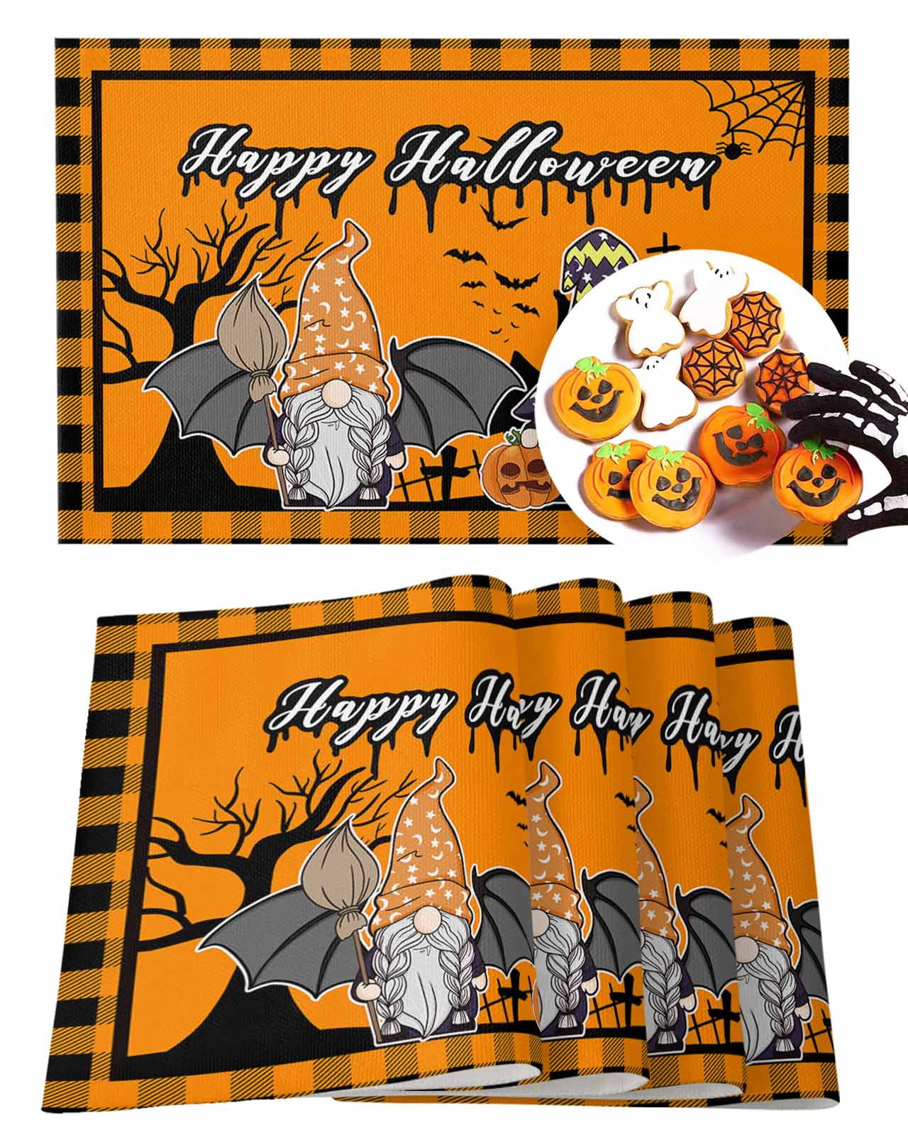 Halloween Placemats Set of 6 Bat Gnome Pumpkin Place Mats Fall Placemat ...