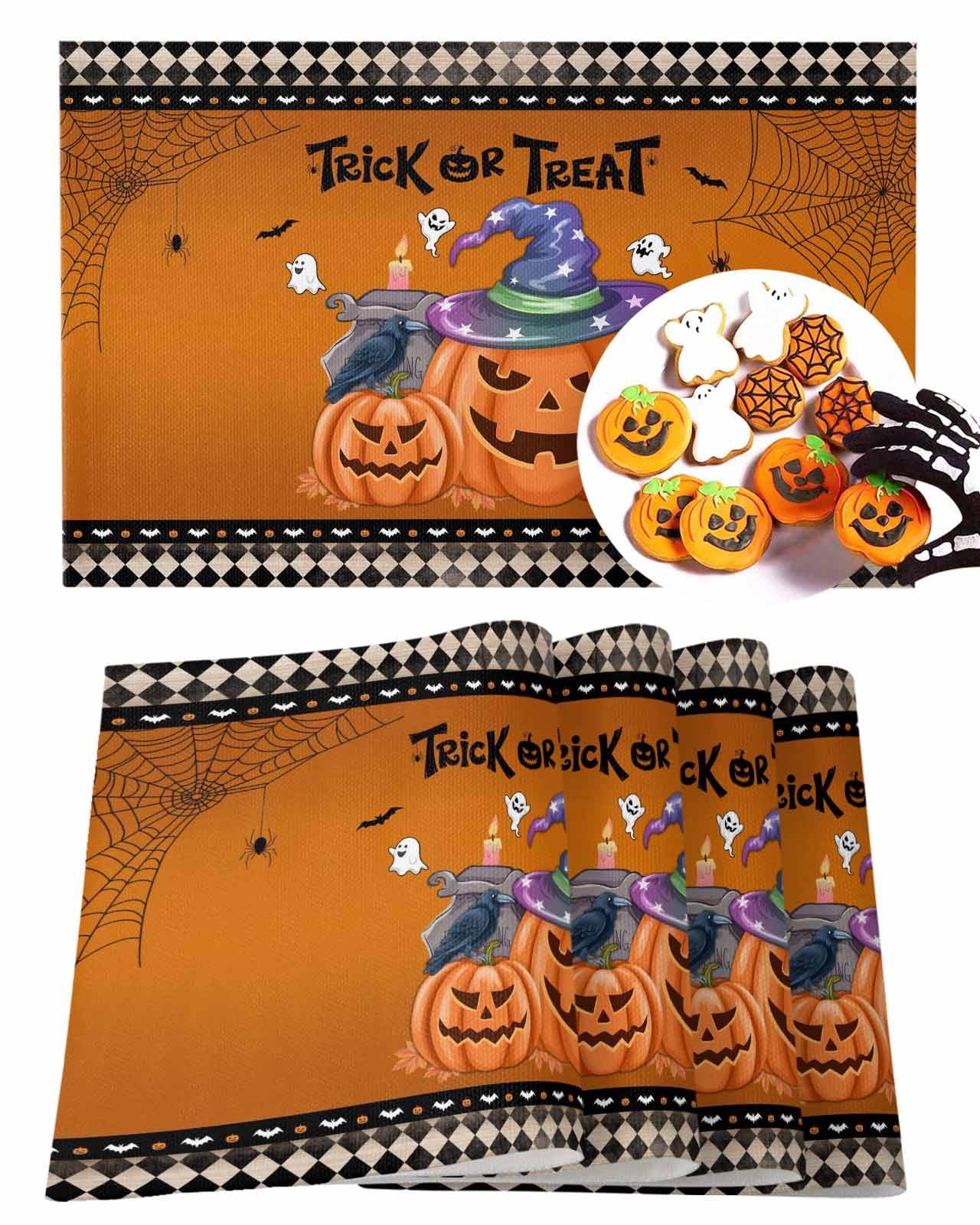 Halloween Placemats Set of 6 Crow Witch Hat Pumpkin Place Mats Fall ...
