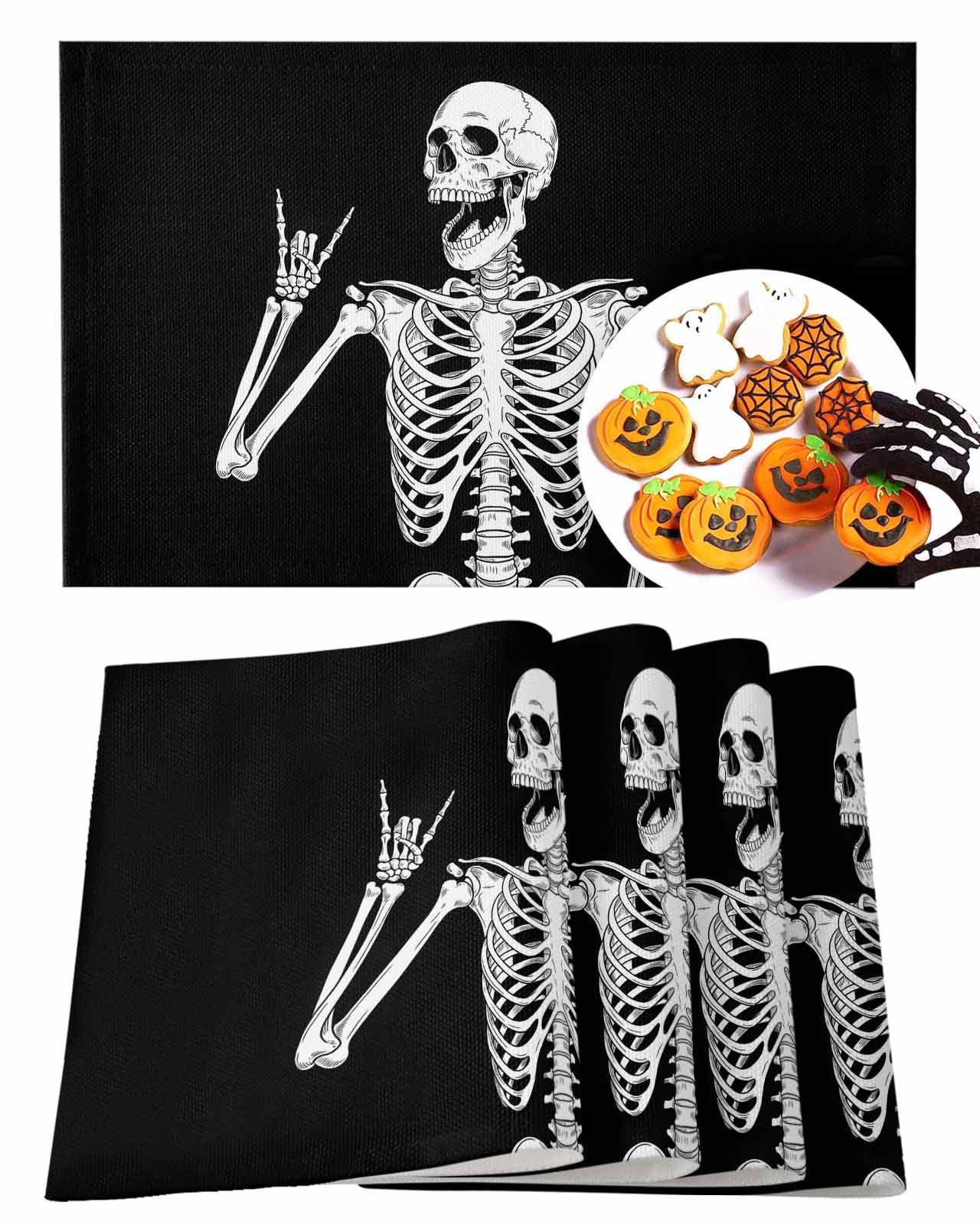 Halloween Placemats Set of 6 Funny Skeleton Place Mats Fall Placemat ...