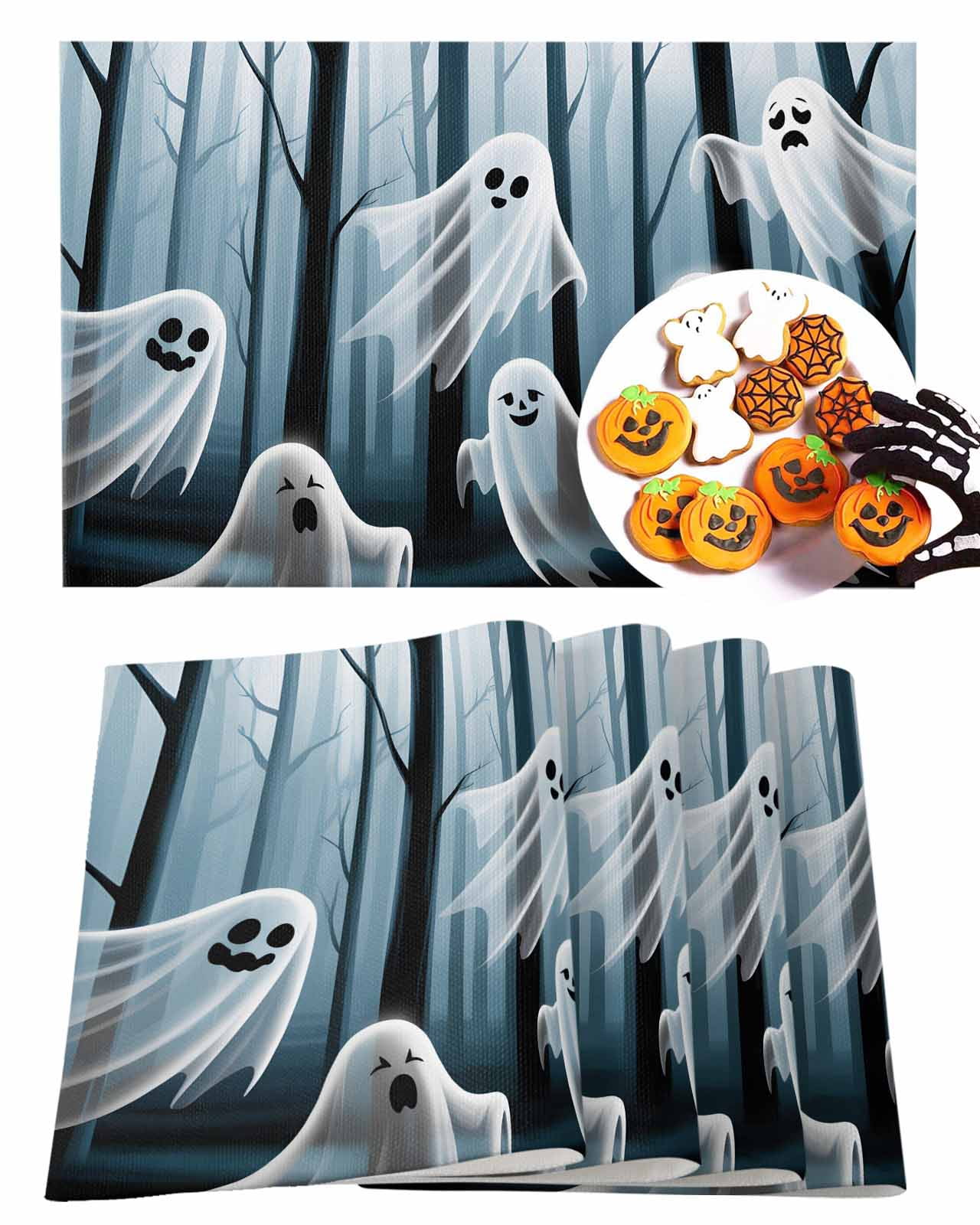 Halloween Placemats Set of 6 Ghost Forest Place Mats Fall Placemat ...