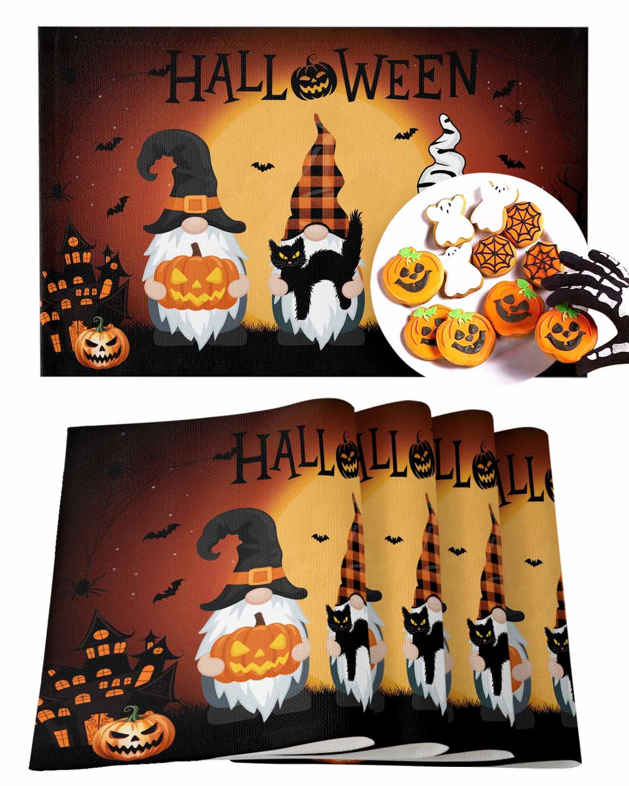 Halloween Placemats Set of 6 Gnomes Pumpkin Place Mats Fall Placemat ...