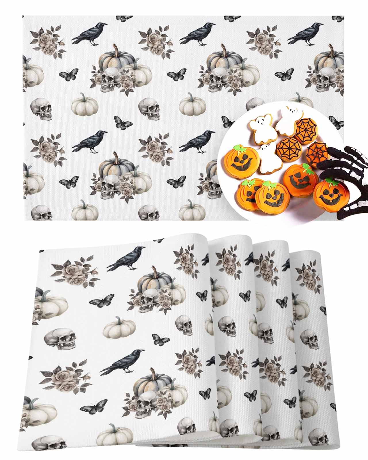 Halloween Placemats Set of 6 Horror Crow Skull Place Mats Fall Placemat ...