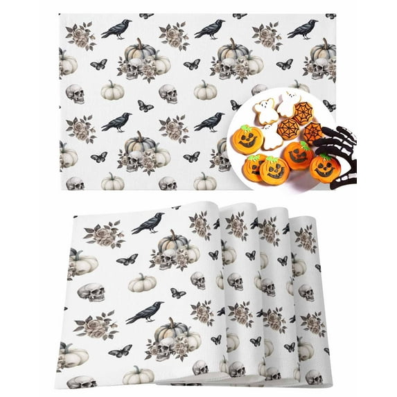Halloween Placemats Set of 6 Horror Crow Skull Place Mats Fall Placemat ...