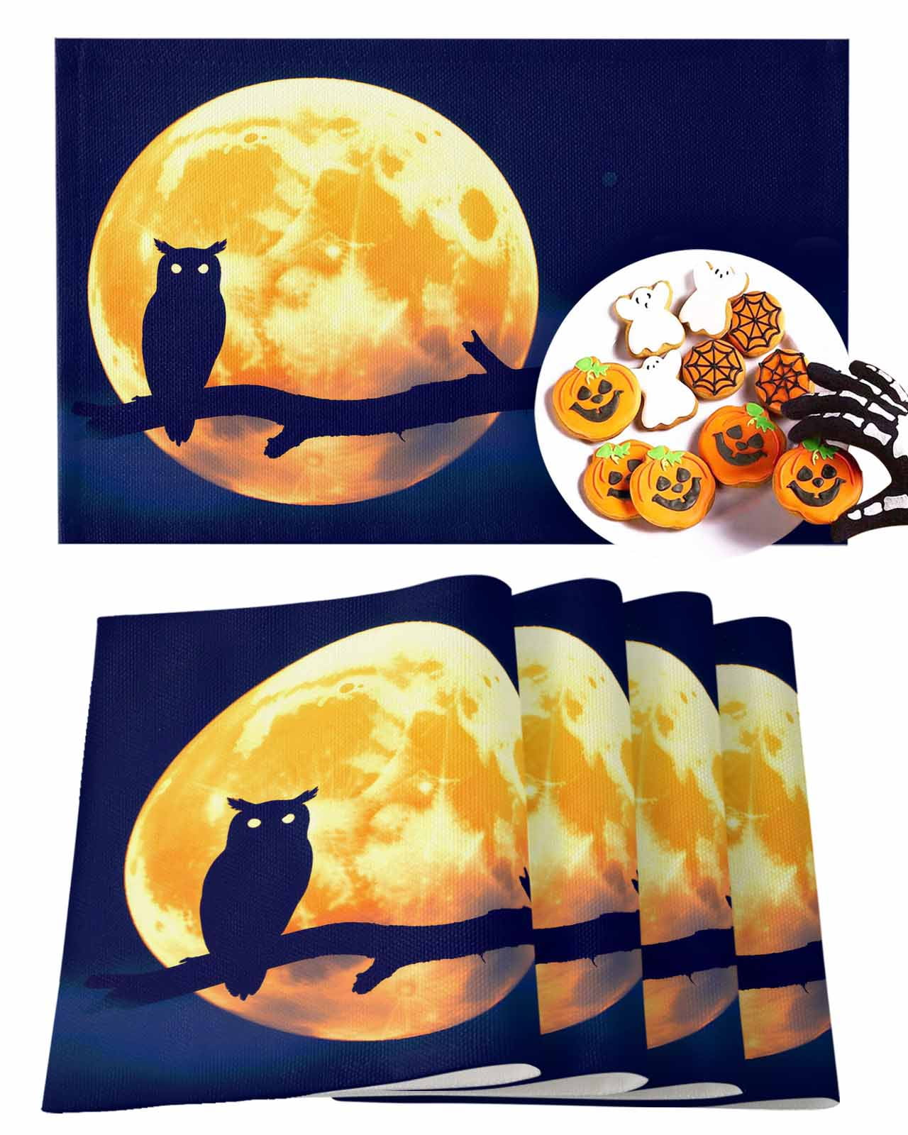 Halloween Placemats Set of 6 Scary Night Owl Place Mats Fall Placemat ...