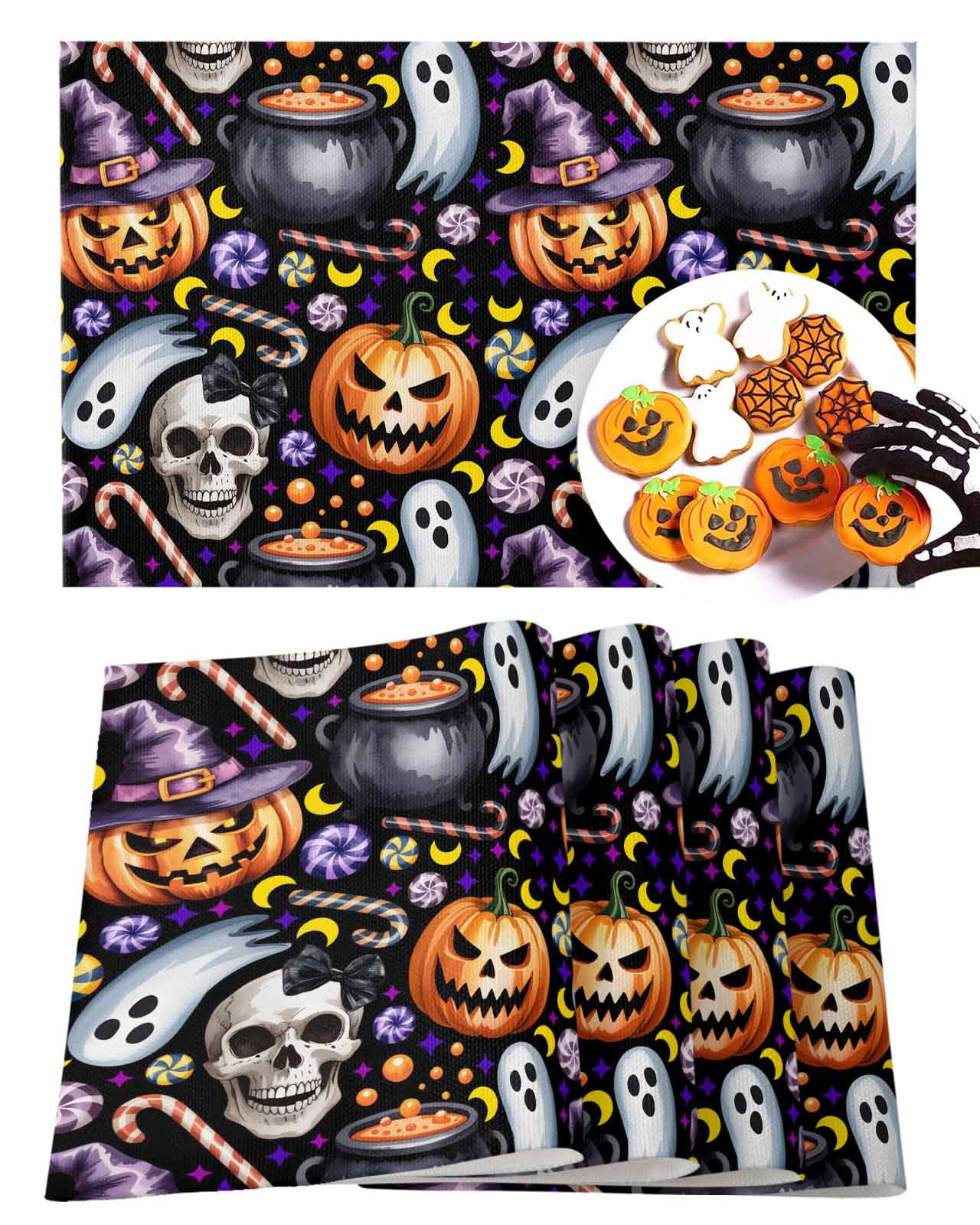 Halloween Placemats Set of 6 Skeleton Ghost Place Mats Fall Placemat ...