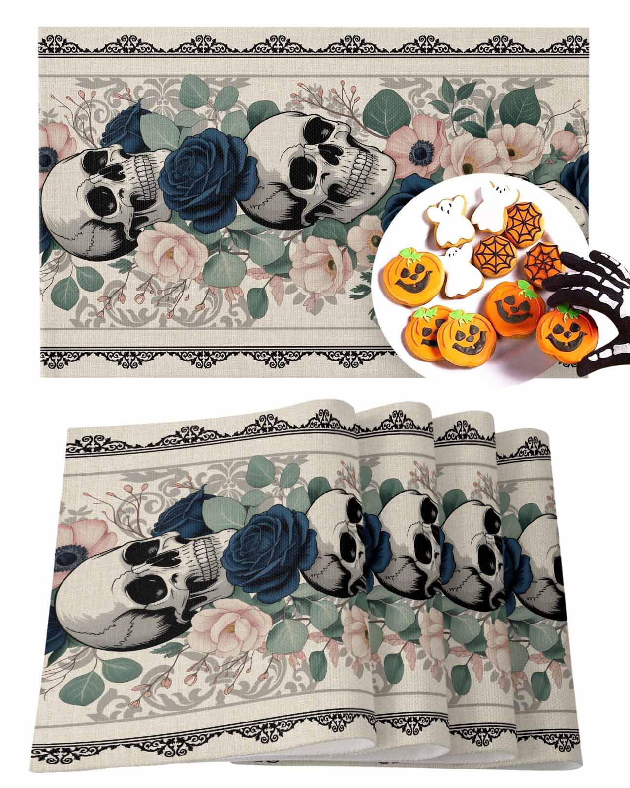 Halloween Placemats Set of 6 Skull Blue Rose Place Mats Fall Placemat ...