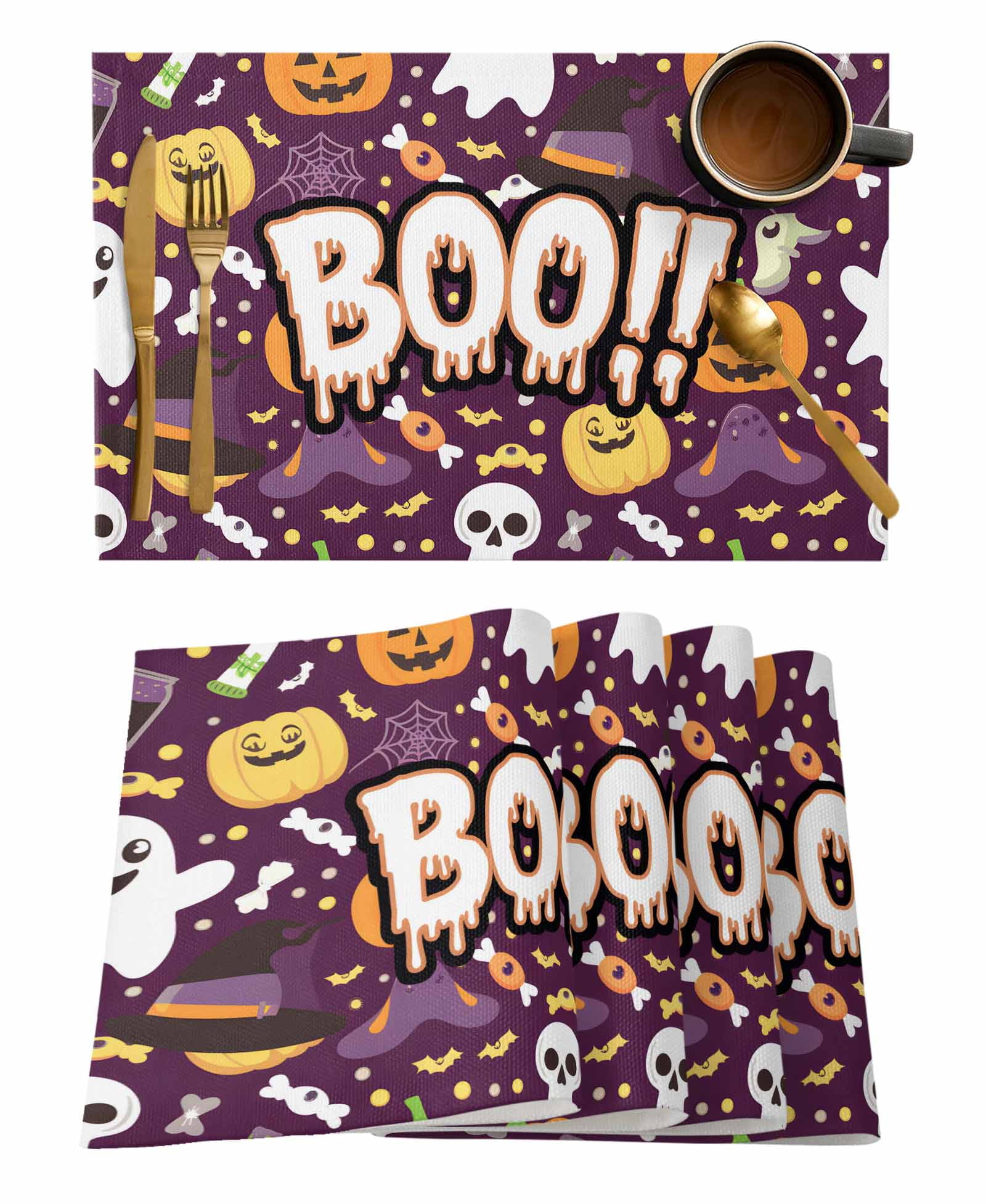 Halloween Placemats Set of 8 Ghost Pumpkin Skull Candy Orange Theme ...