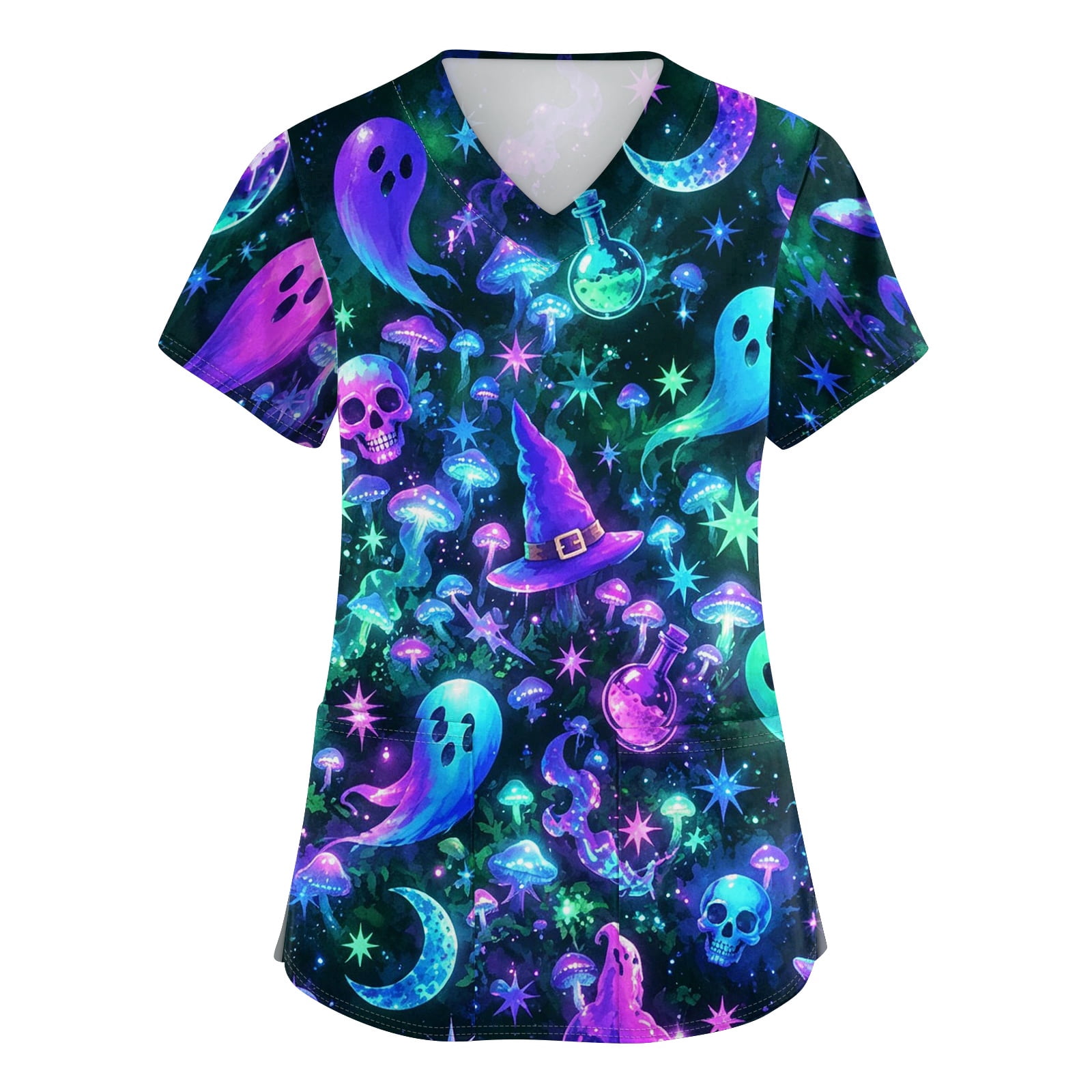 Halloween Plus Size Scrub Tops for Women, Printed V Neck Short Sleeve ...