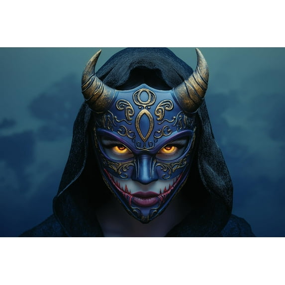 Halloween Poster Canvas Art, Horned Mask Female Demon, Wall Decor for ...