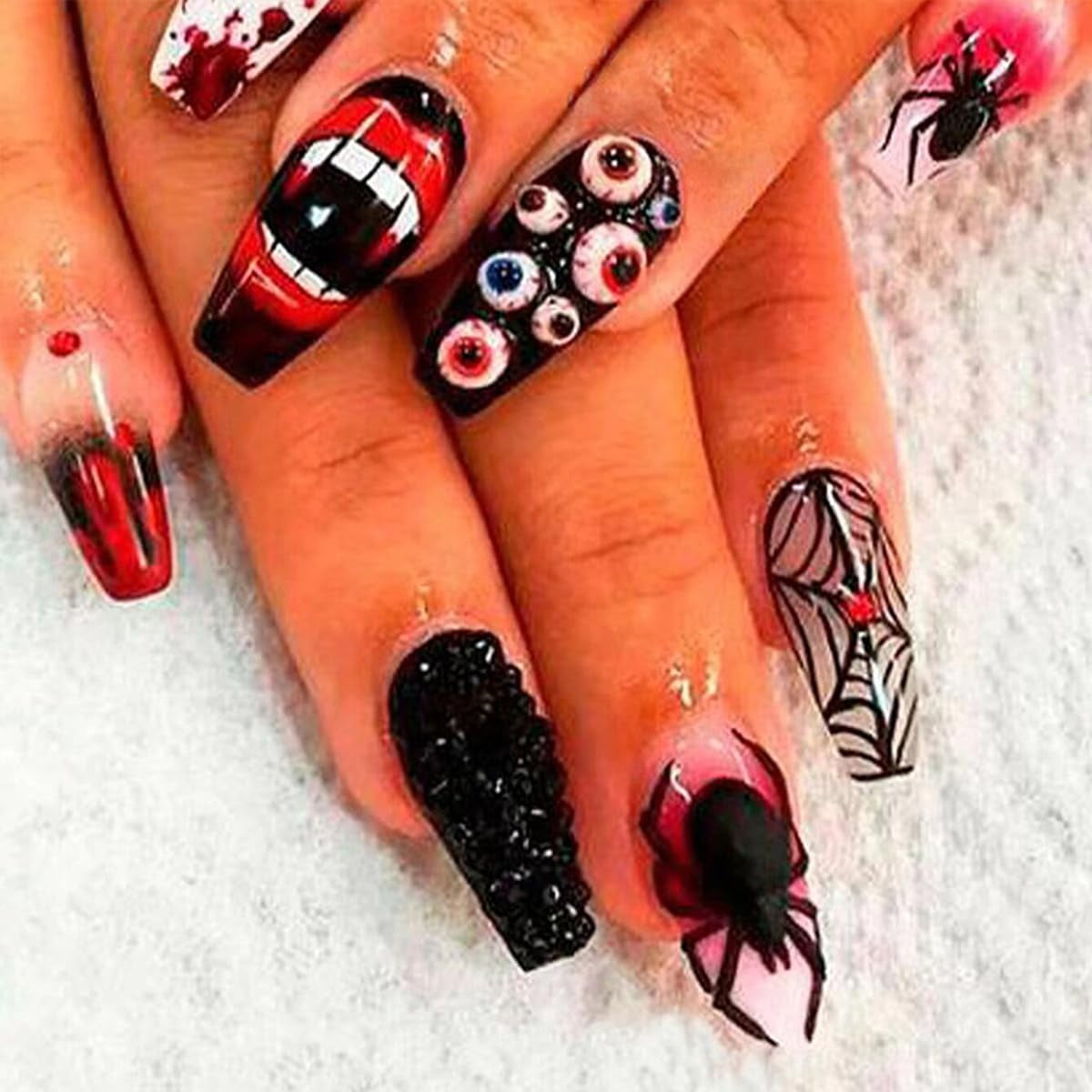 Halloween Press on Nails Long Coffin Fake Nails with Designs Scary Eye ...