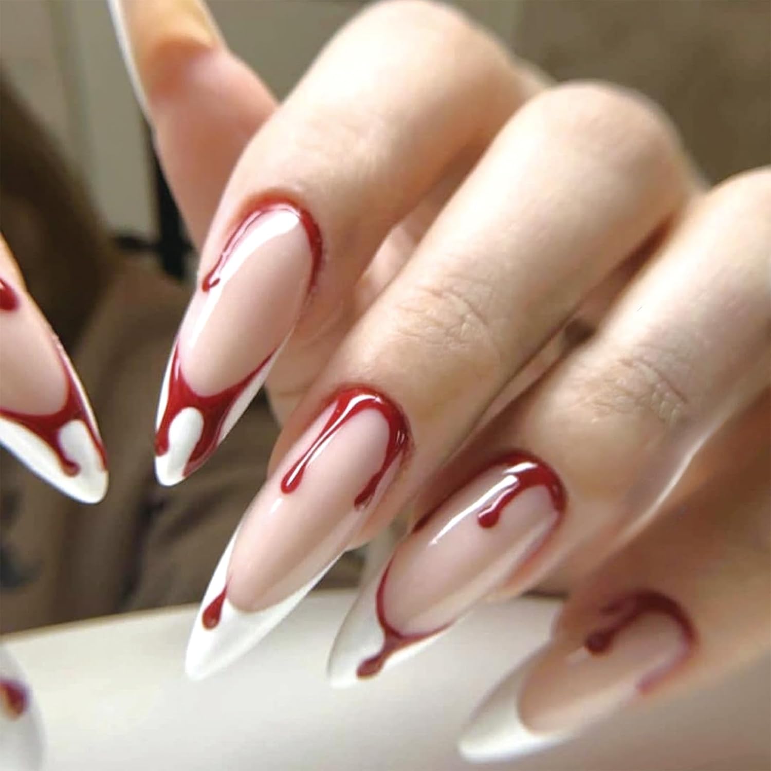 Halloween Press on Nails Long Stiletto Fake Nails Almond French Tip ...