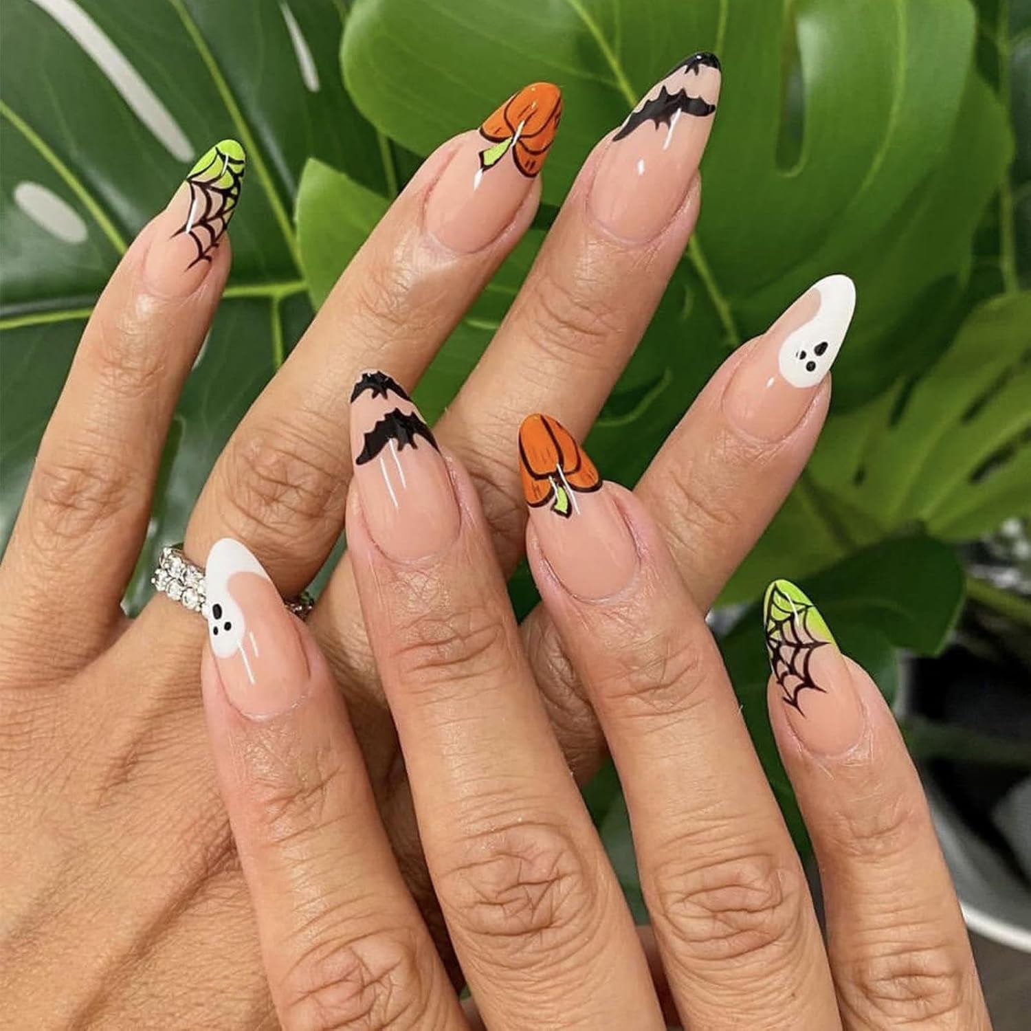 Halloween Press on Nails Long Stiletto Fake Nails Ghost False Nails ...