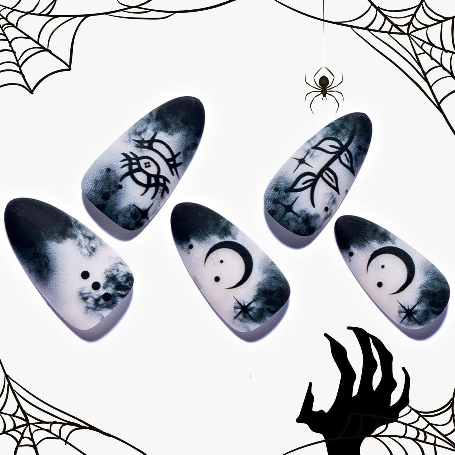 Halloween Press on Nails Medium Almond, Gothic Black Ombre French Tip ...