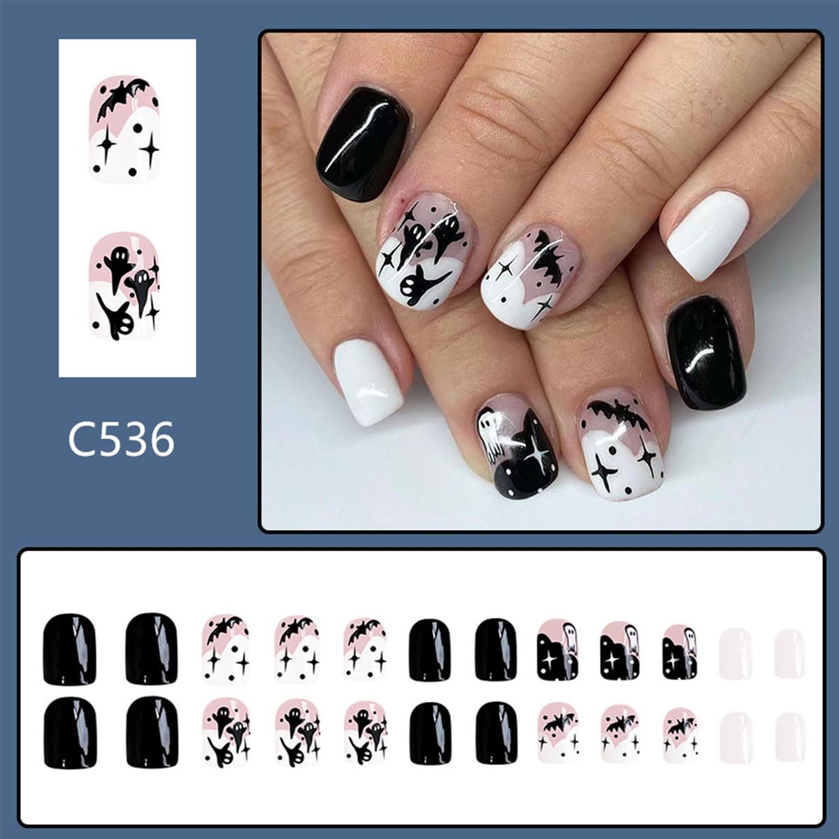 Halloween Press on Nails Short Square Halloween Fake Nails with Ghost ...