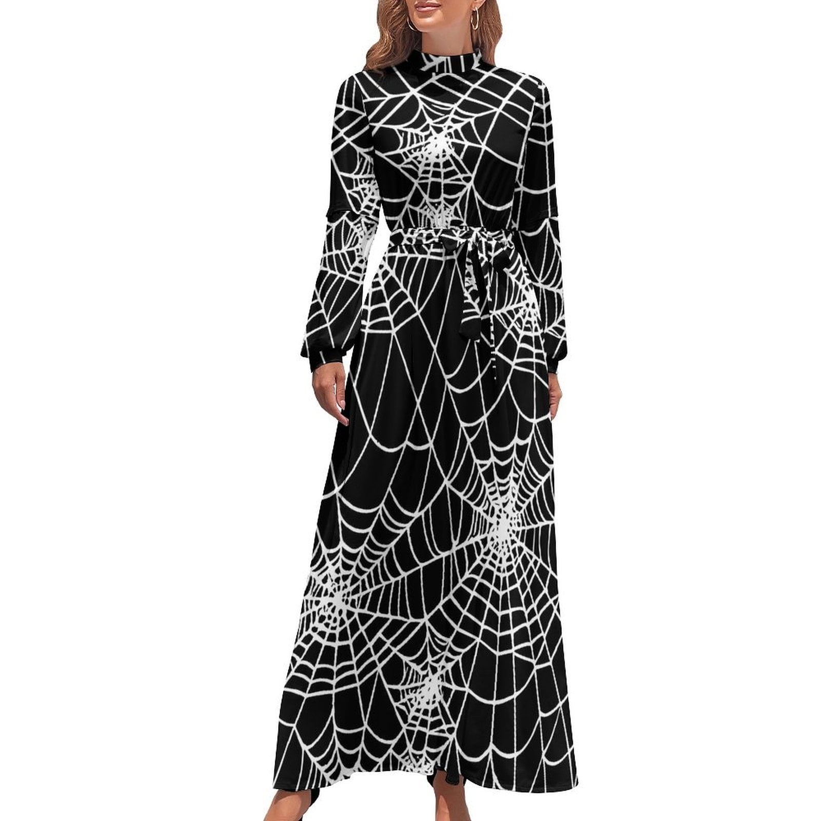 Halloween Print Dress Pumpkin Patch Cute Printed Maxi Dress High Neck ...