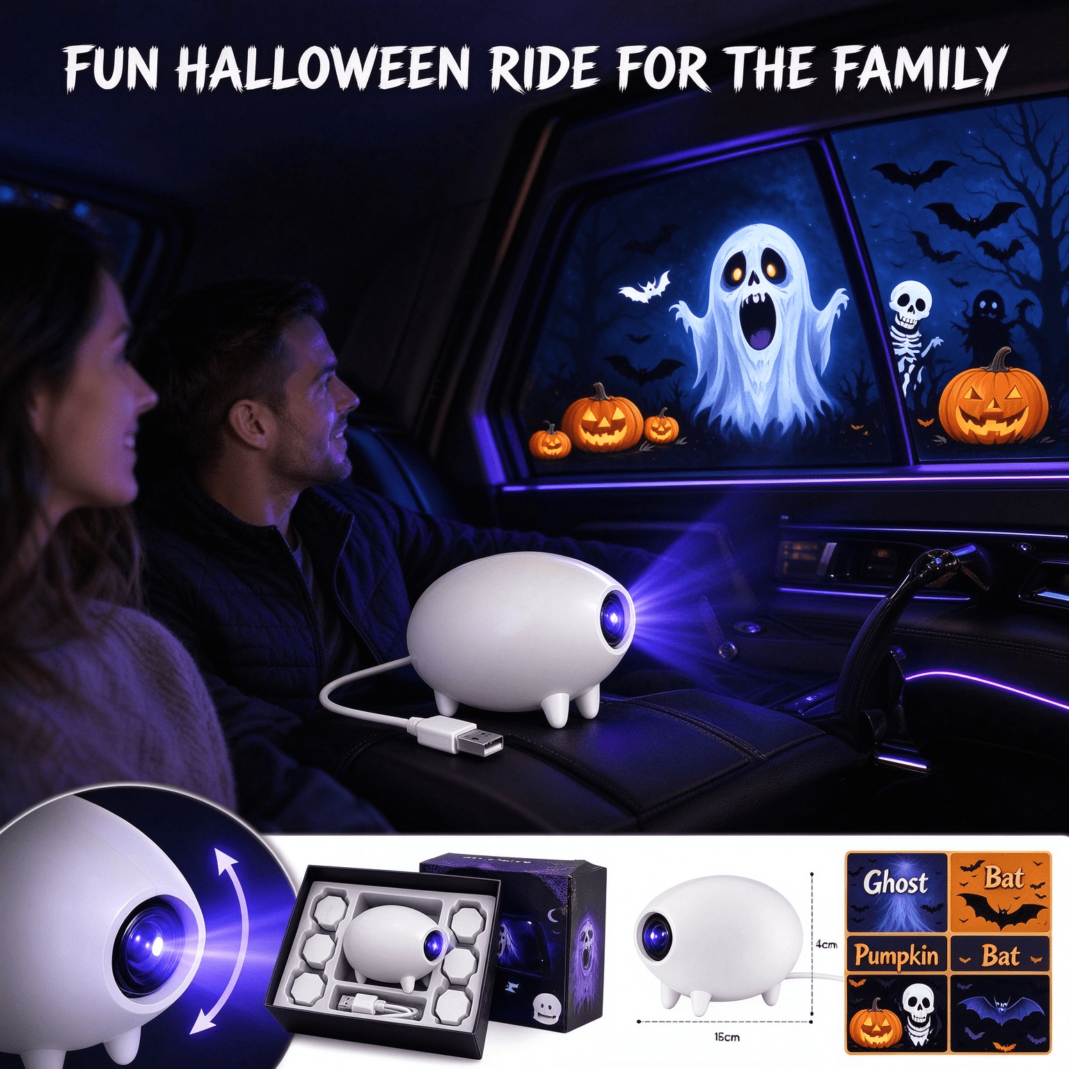 Halloween Projector for Car Window, USB Powered Animated Ghost Skull ...