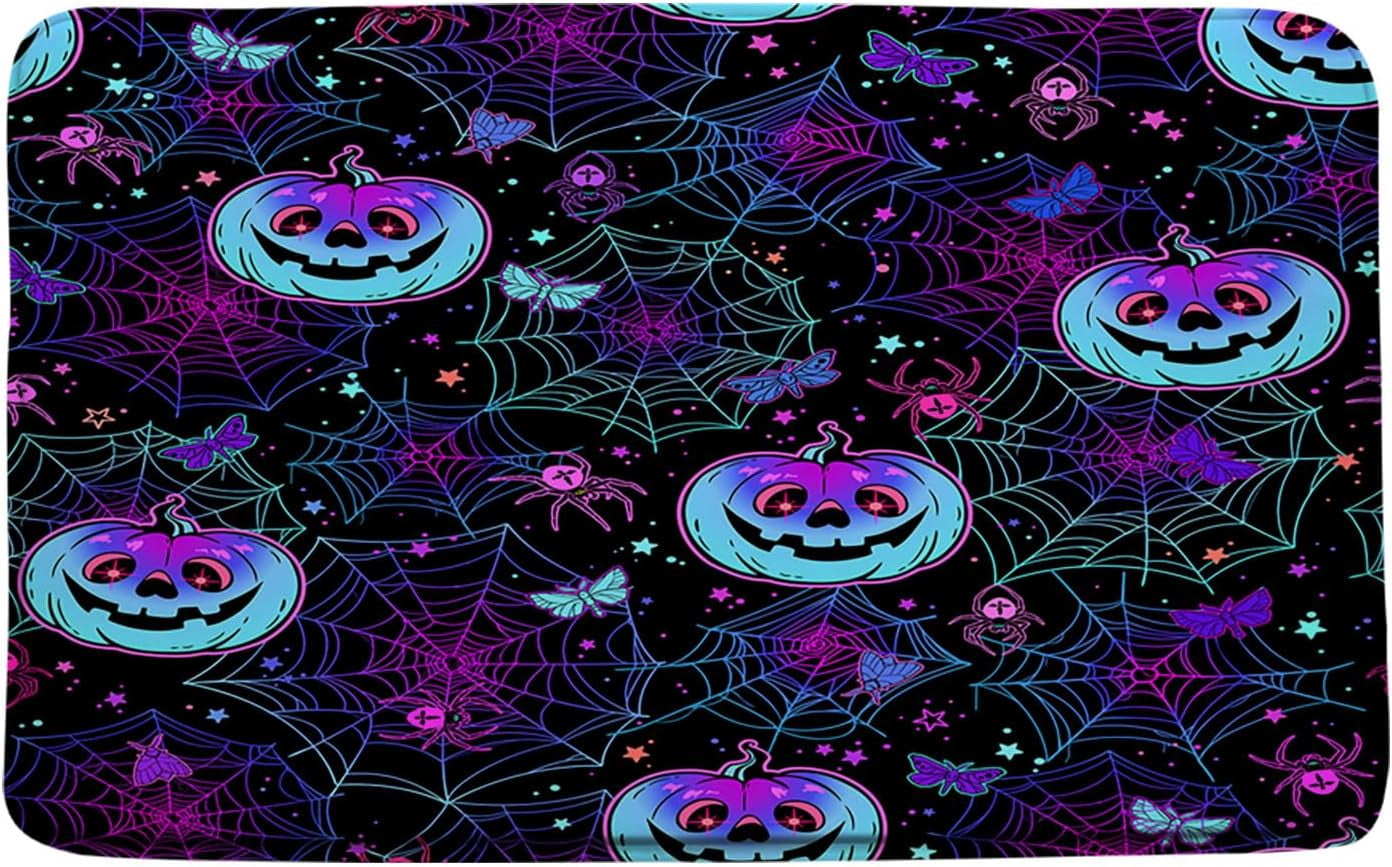 Halloween Pumpkin Bath Mat Scary Spider Web Moth Star Moon Gothic Magic ...