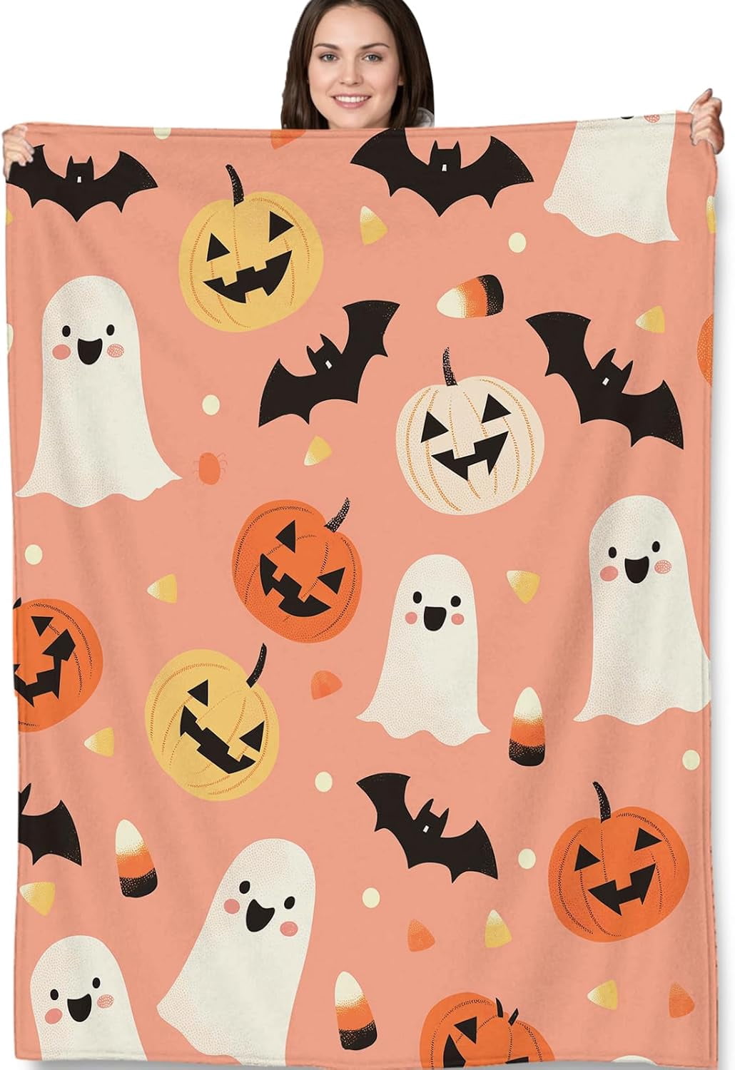 Halloween and Pumpkin Blanket, Spooky and Cute Fleece Throw with Bats ...