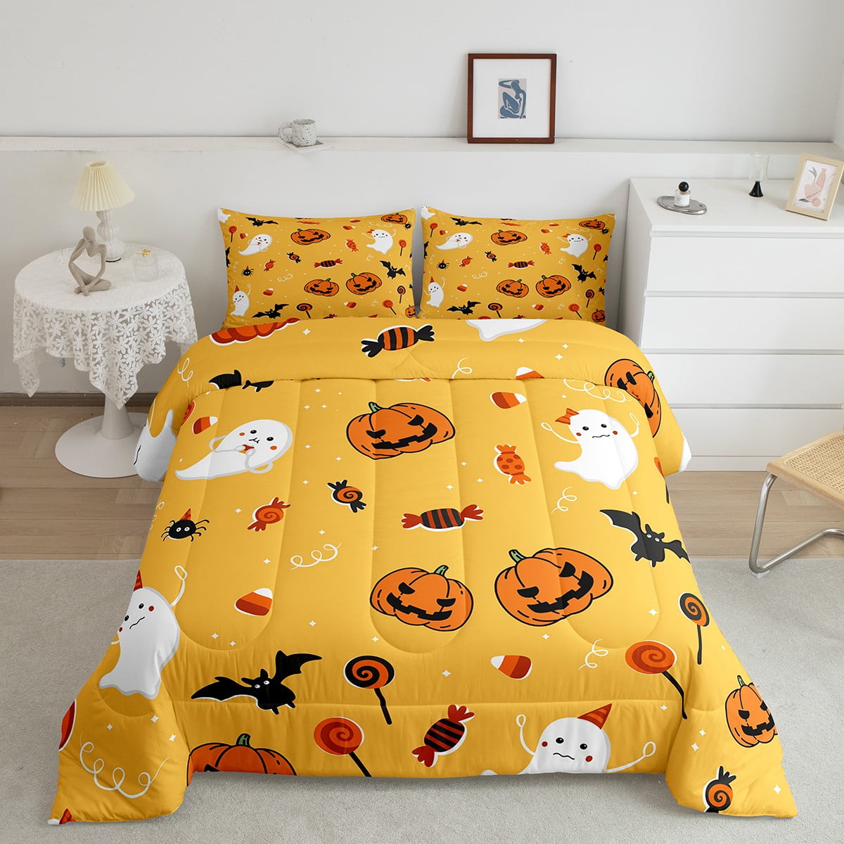 Halloween Pumpkin Comforter Set For Boys, Cute Ghost Bedding Set King ...
