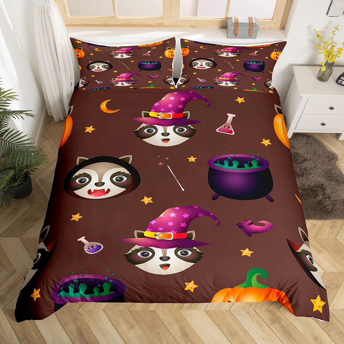 Halloween Pumpkin Decorations,Raccoon Witch Hat Bats King Bedding Set ...