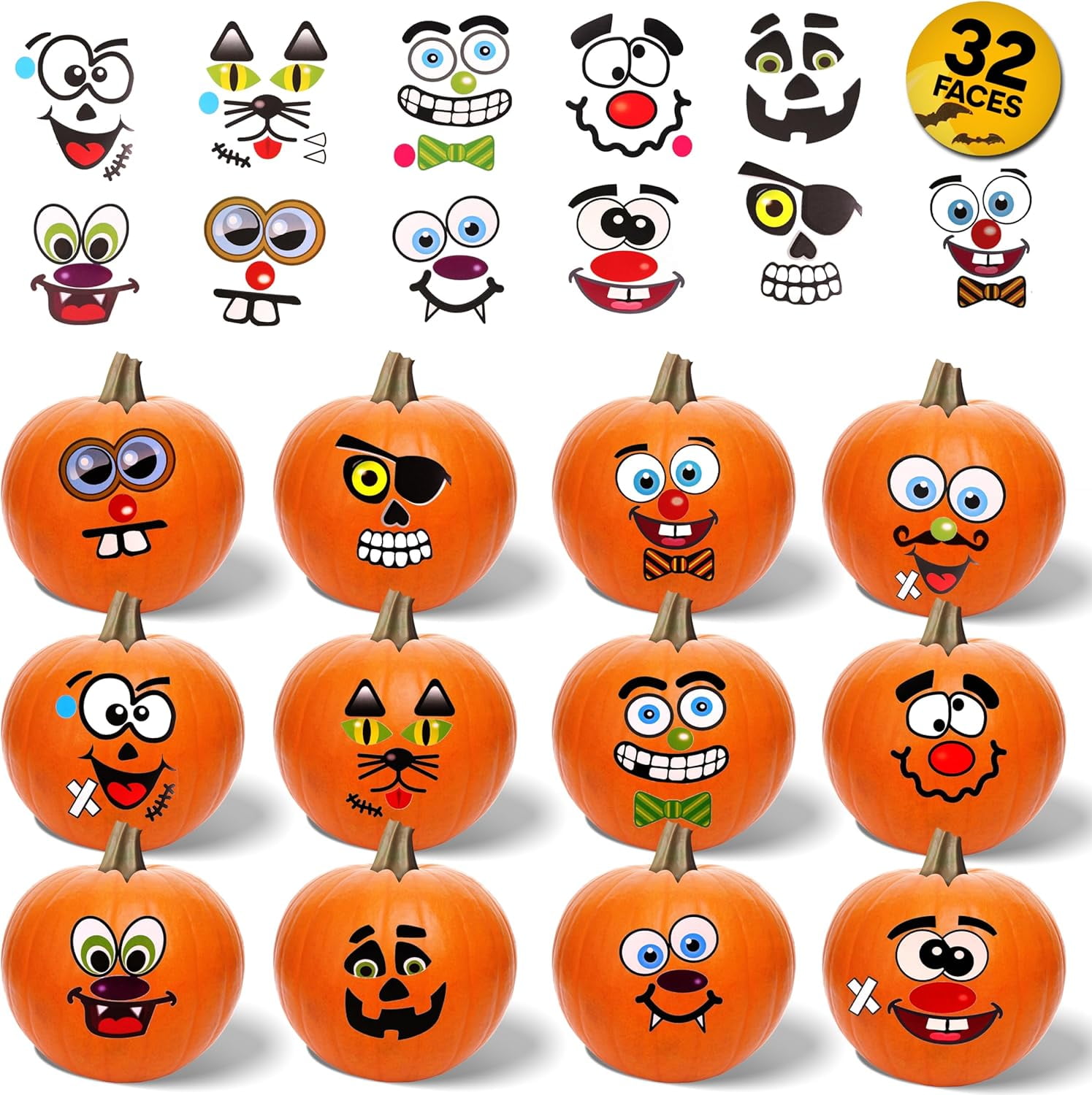 Halloween Pumpkin Face Decorating Stickers - 32 Stickers for Kids Party ...