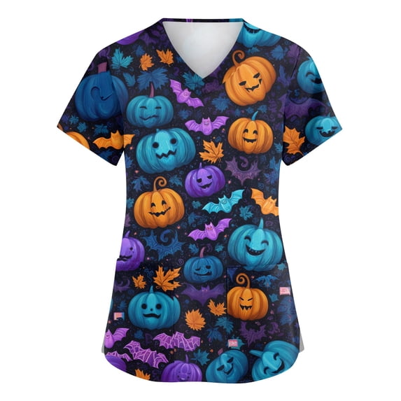 Halloween Pumpkin Focus Print Women's Scrub Top, Short Sleeve V Neck ...