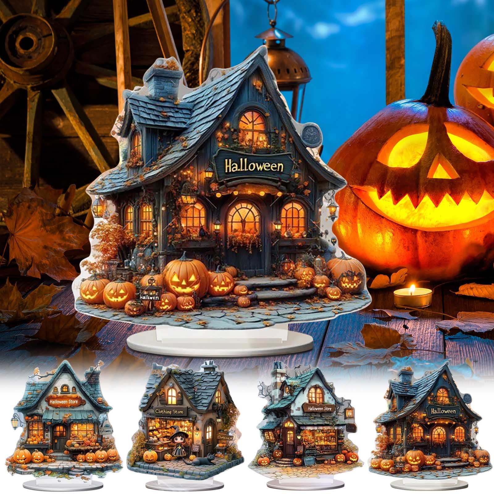 Halloween Pumpkin Ghost House Acrylic Tabletop Display Plaque with Base ...