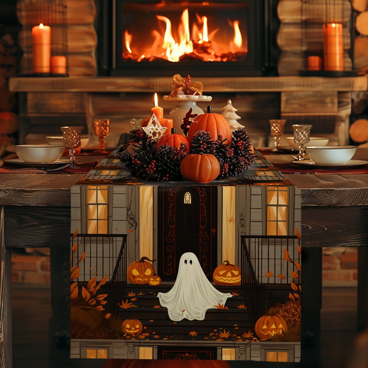 Halloween Pumpkin Haunted House Table Runners Dresser Table r Reusable ...