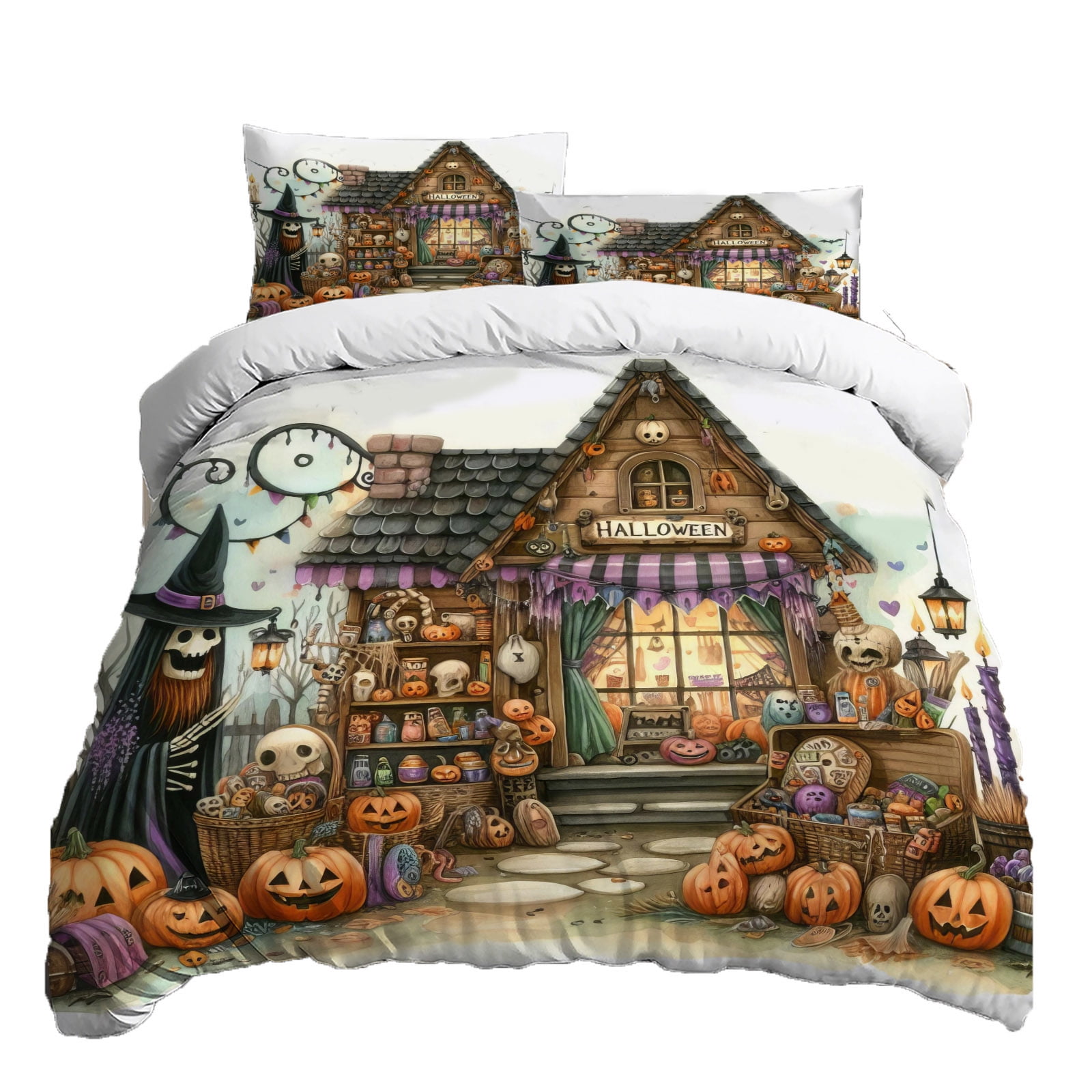 Halloween Pumpkin House Bedding Set, 3 Piece Microfiber Duvet Cover ...