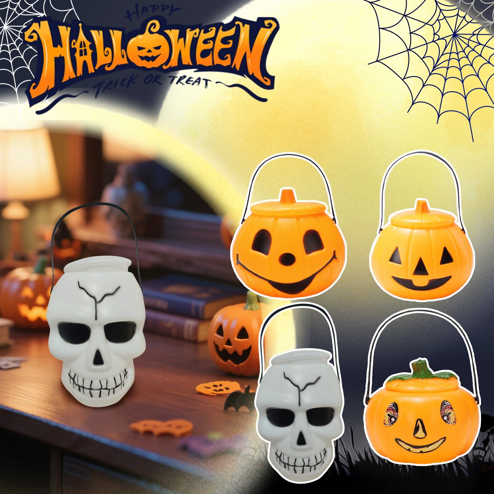Halloween Pumpkin Jar with Lid - Triangular Eyes Pumpkin Bucket Decor ...